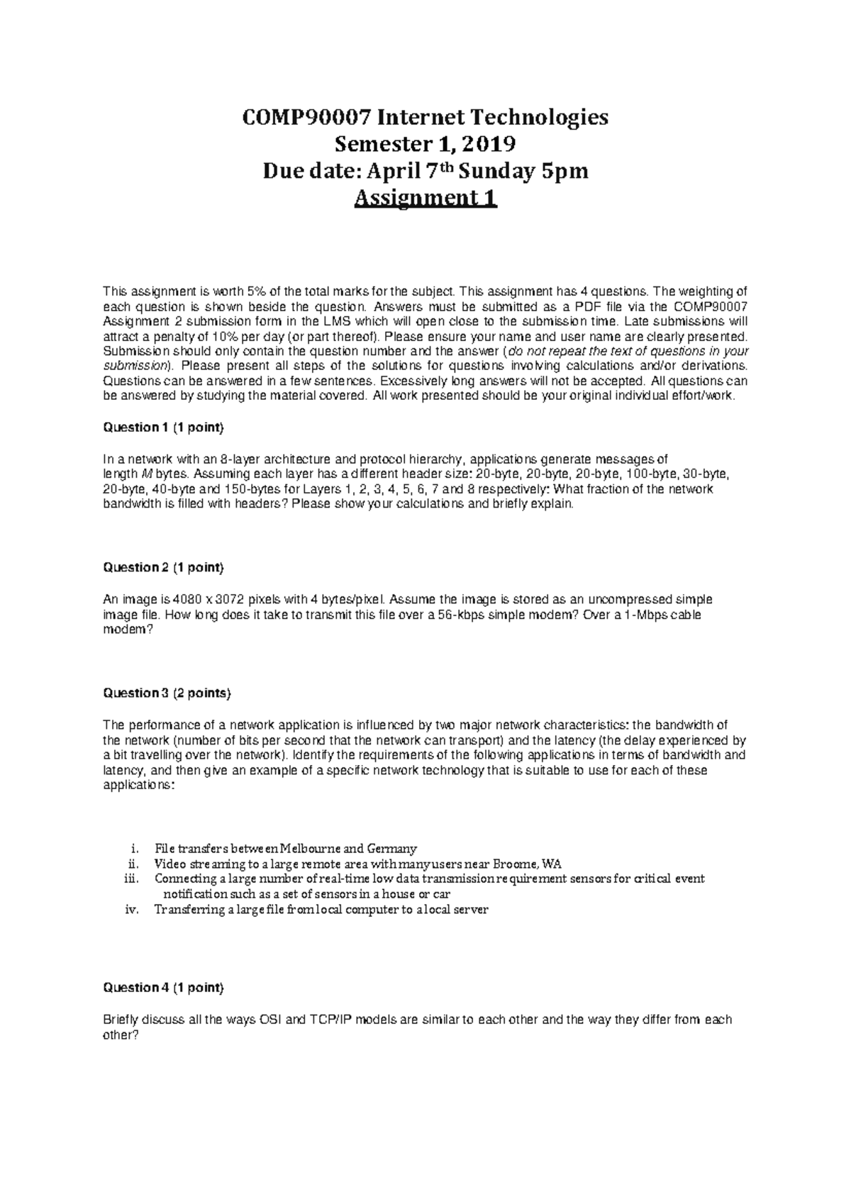 Assignment 1 question - COMP90007 Internet Technologies Semester 1, 2019 Due date: April 7th ...