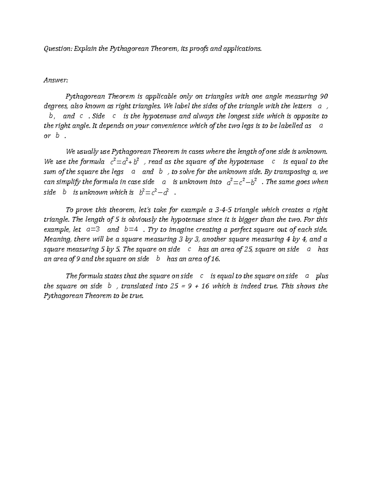 Pythagorean Theorem proof - Question: Explain the Pythagorean Theorem ...
