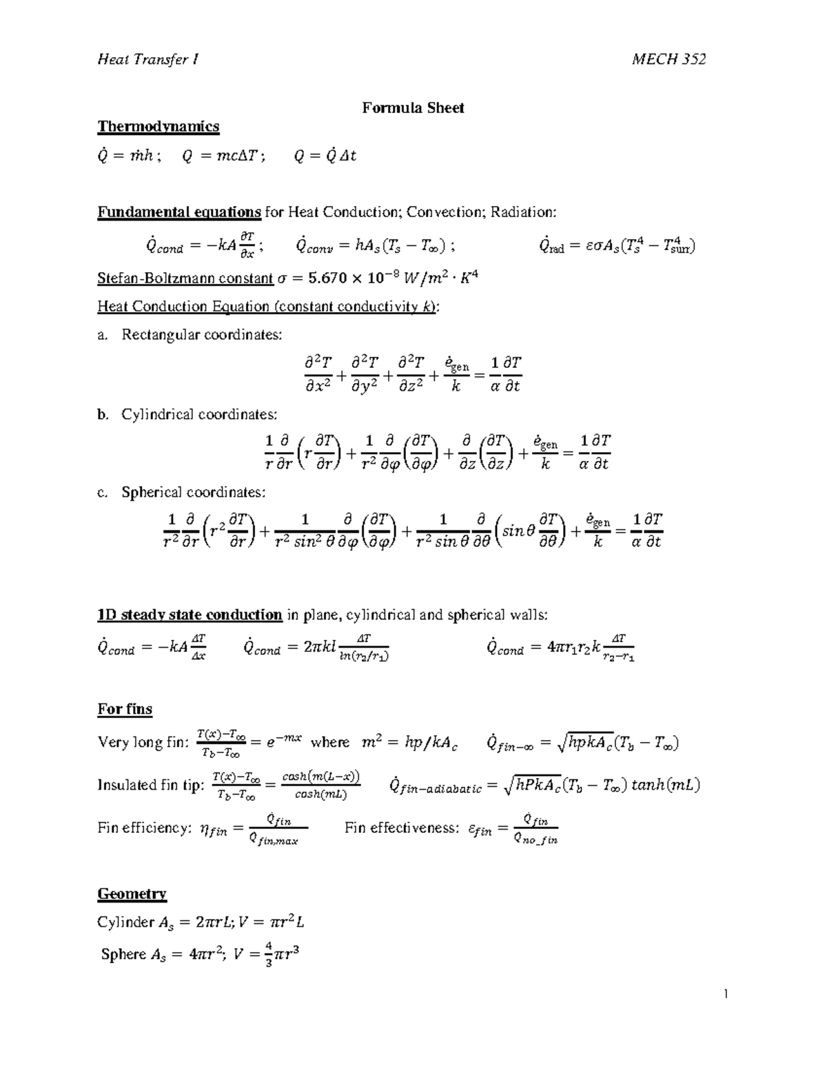 Formula Sheet Chap1-3 - Heat Transfer I MECH 352 1 Formula Sheet ...