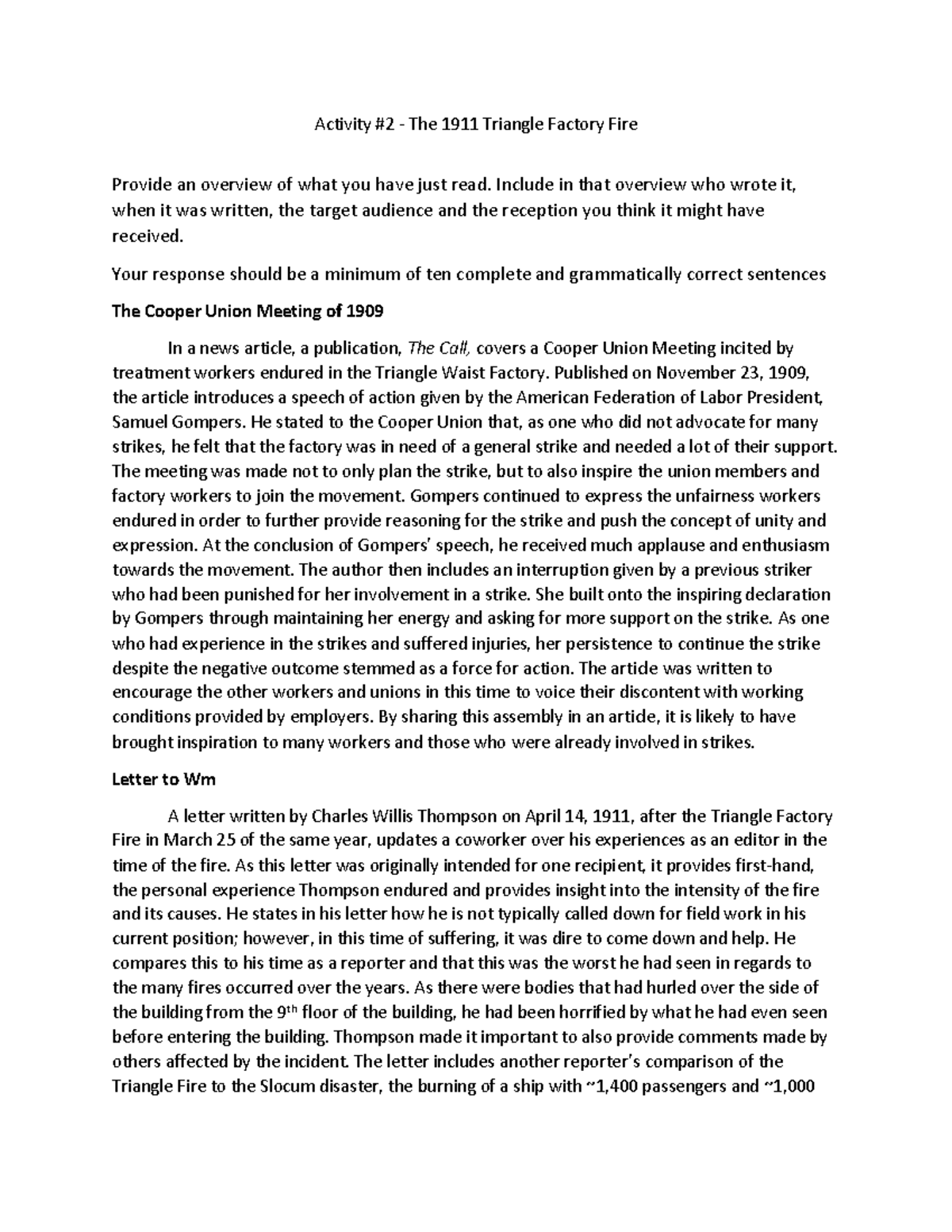 The 1911 Triangle Factory Fire - Include in that overview who wrote it ...