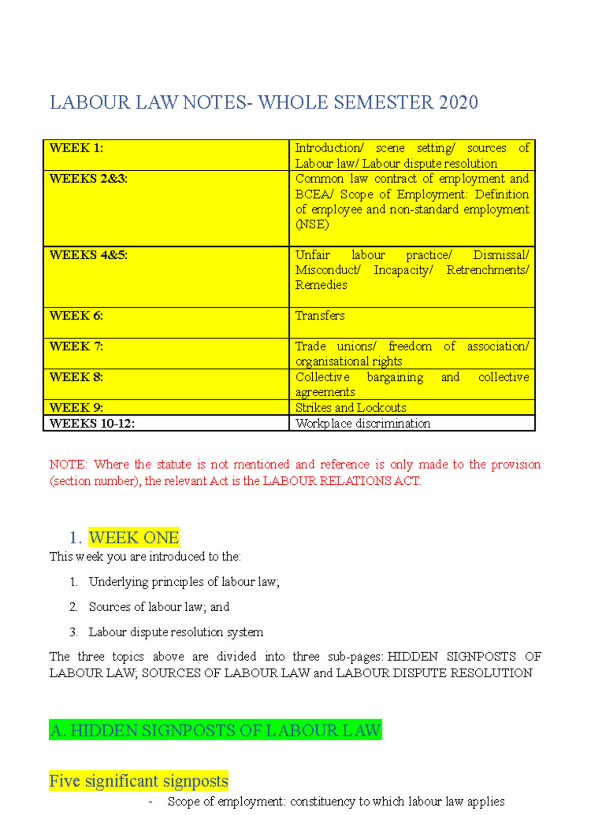 Labour LAW Whole Semester Notes - LABOUR LAW NOTES- WHOLE SEMESTER 2020 ...