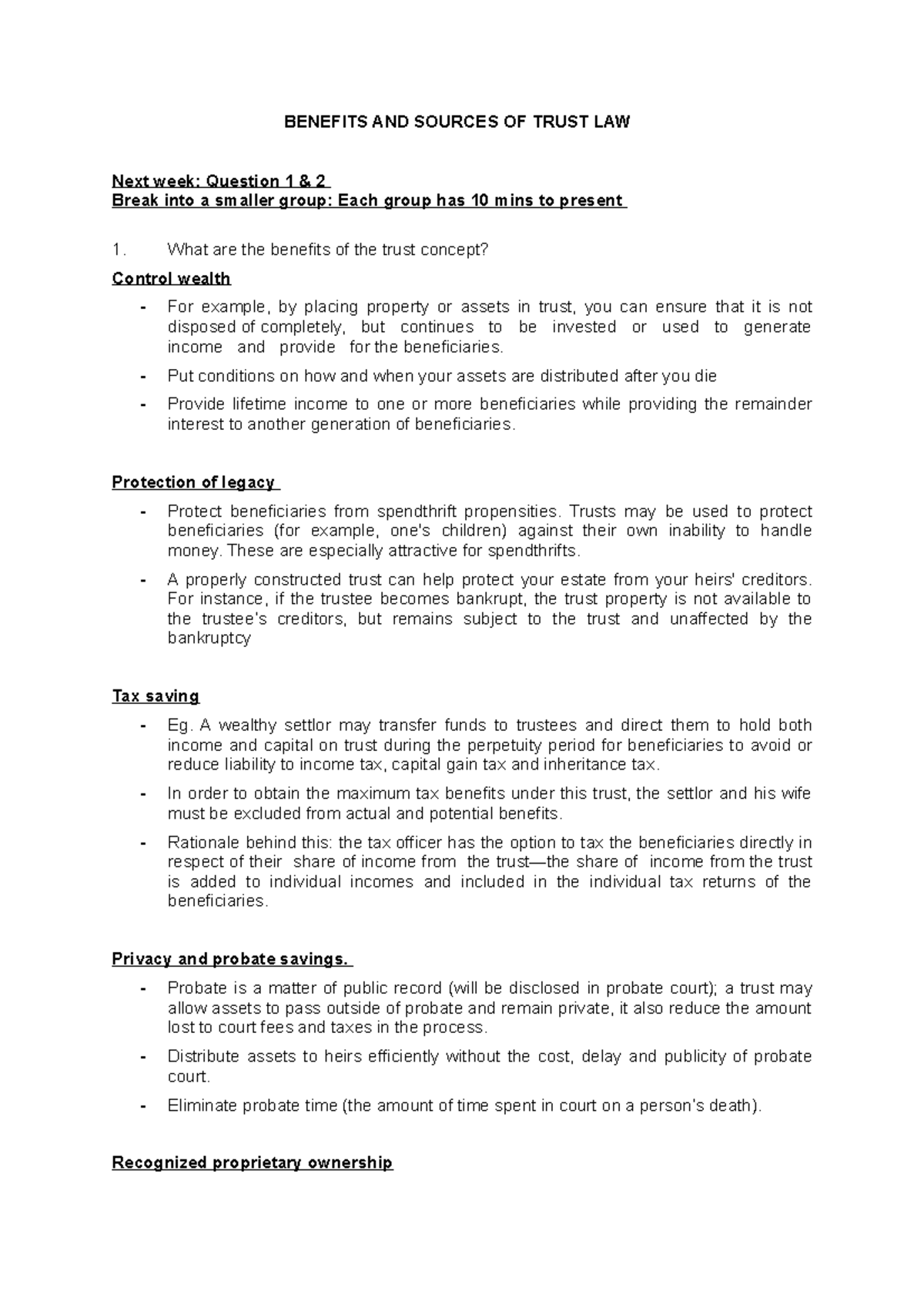 Equity Tuto Week 1 - BENEFITS AND SOURCES OF TRUST LAW Next week ...