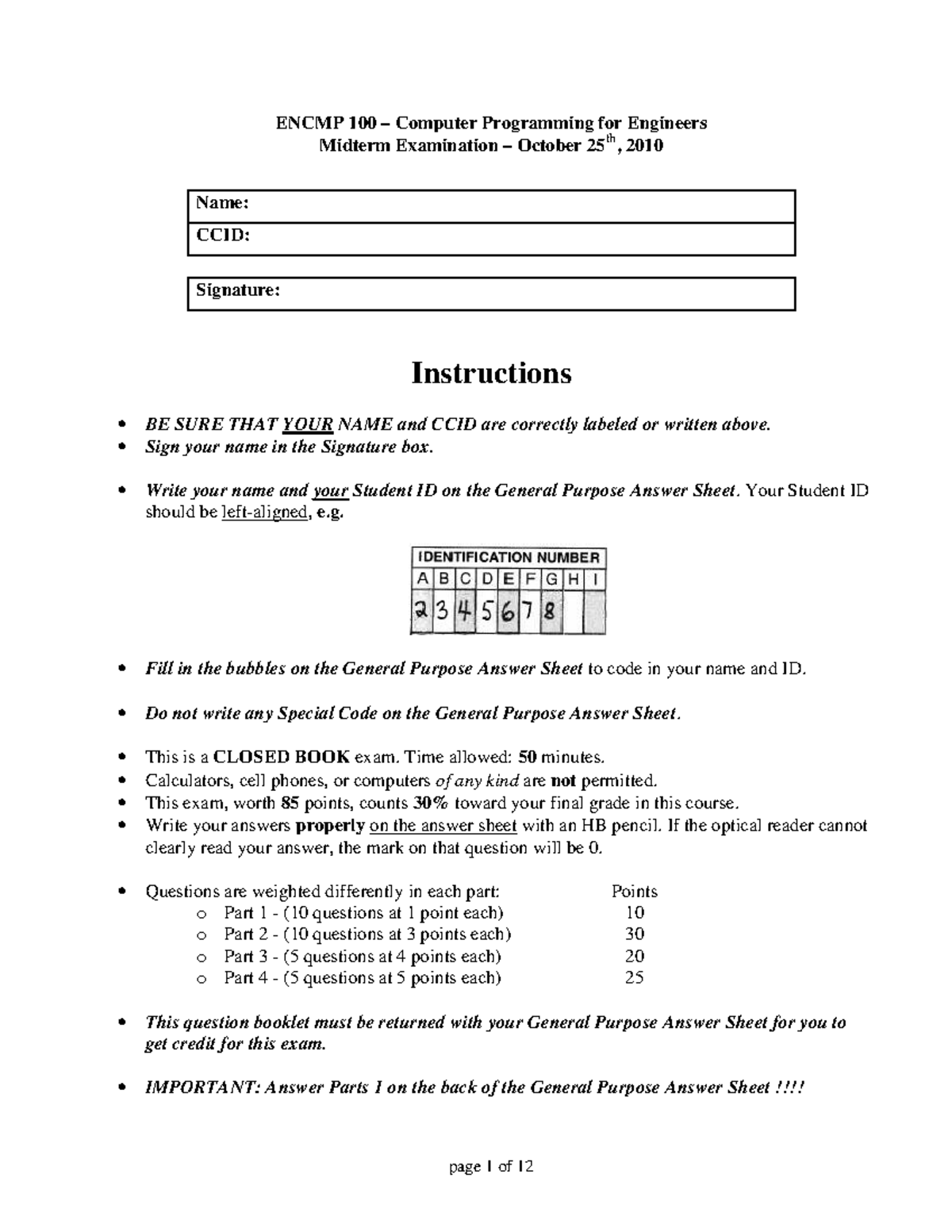 Encmp 100 Winter 2010 midterm exam - ENCMP 100 – Computer Programming for Engineers Midterm ...