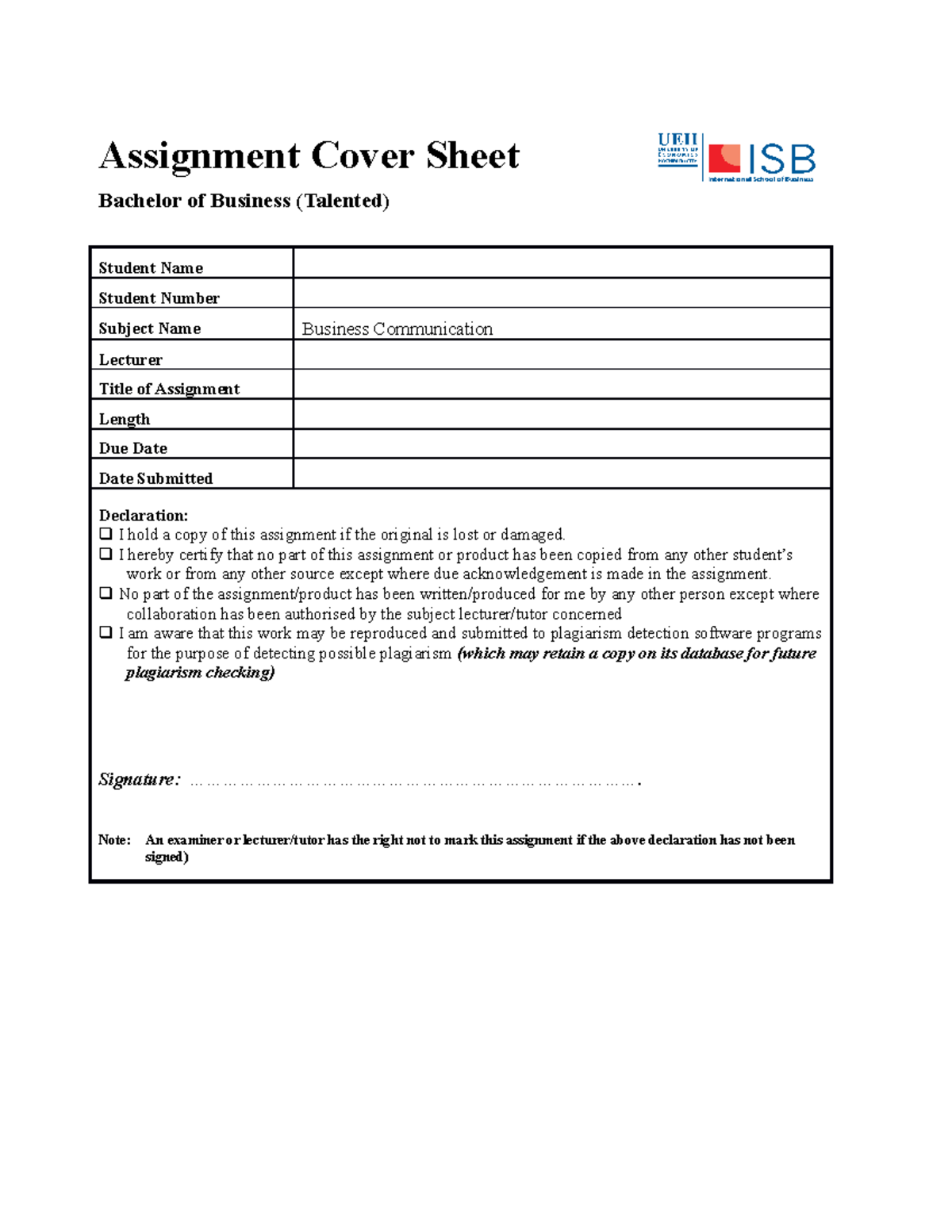 Assignment Cover page Business Communication BC3 - Assignment Cover ...