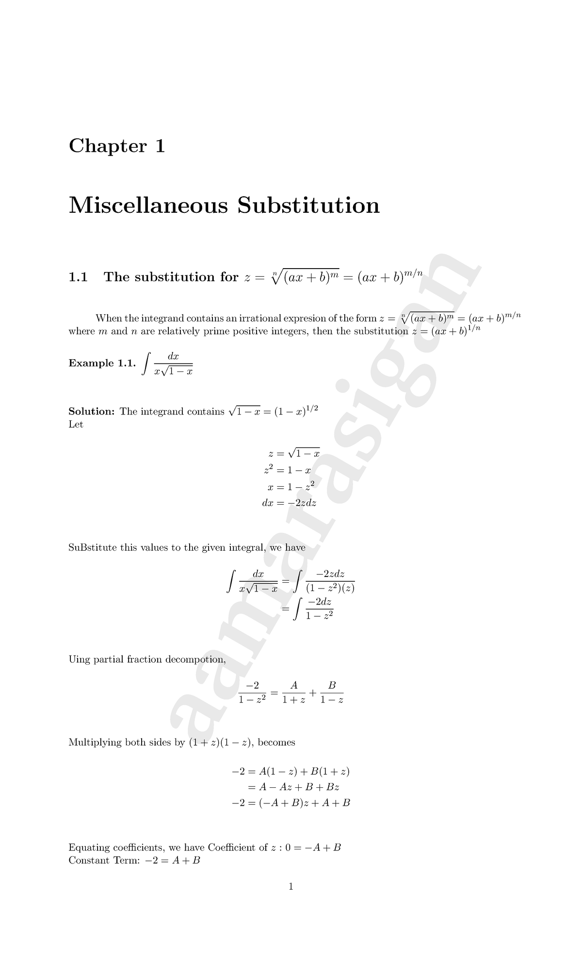 Math 402 Lecture Miscellaneous Substitution - aamarasigan Chapter 1 Miscellaneous Substitution 1 ...