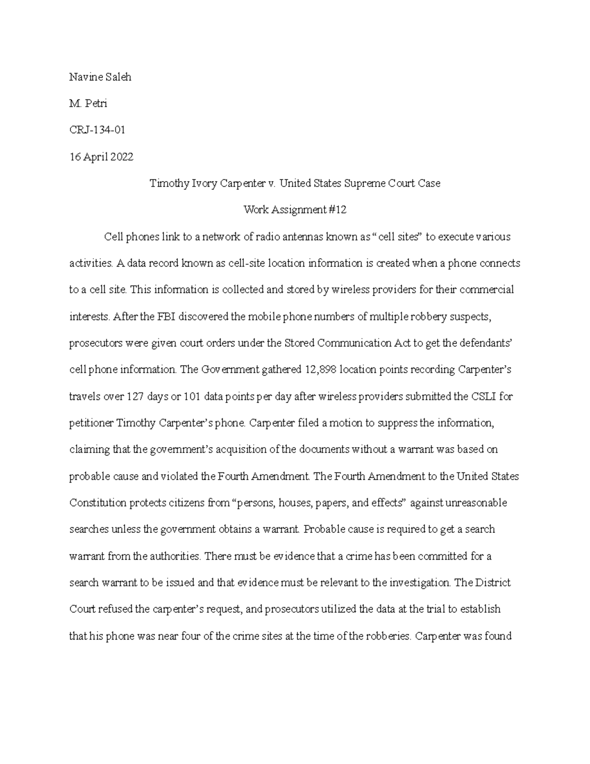 Work Assignment 12 - work - Navine Saleh M. Petri CRJ-134- 16 April ...