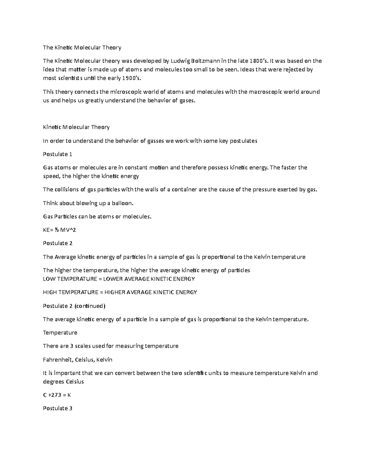CHEM GAS Notes - The Kinetic Molecular Theory The Kinetic Molecular ...