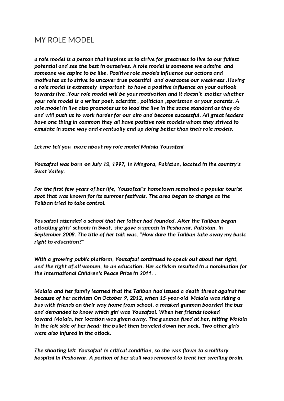 Eng mondeling my role model - MY ROLE MODEL a role model is a person ...