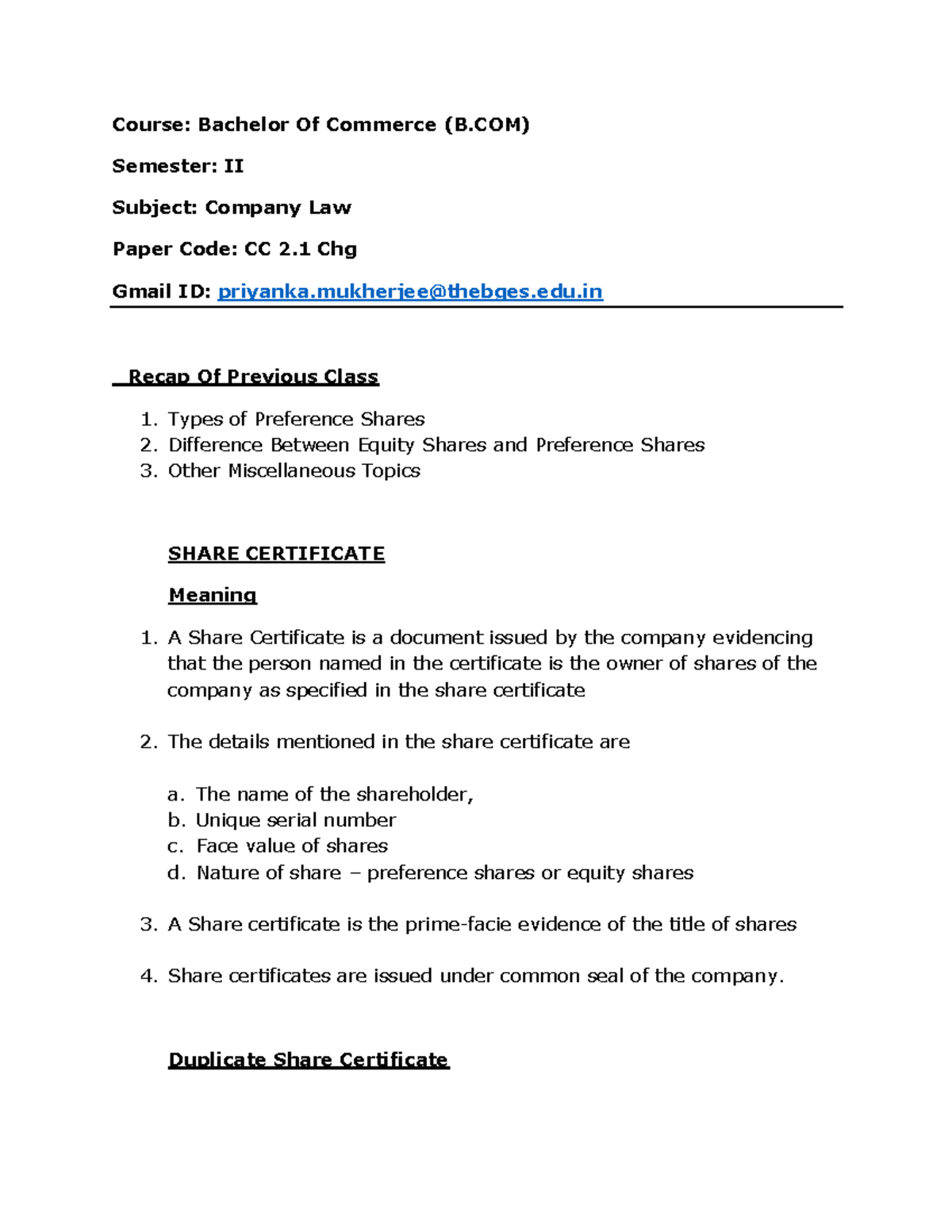 Share certificate - Course: Bachelor Of Commerce (B) Semester: II ...