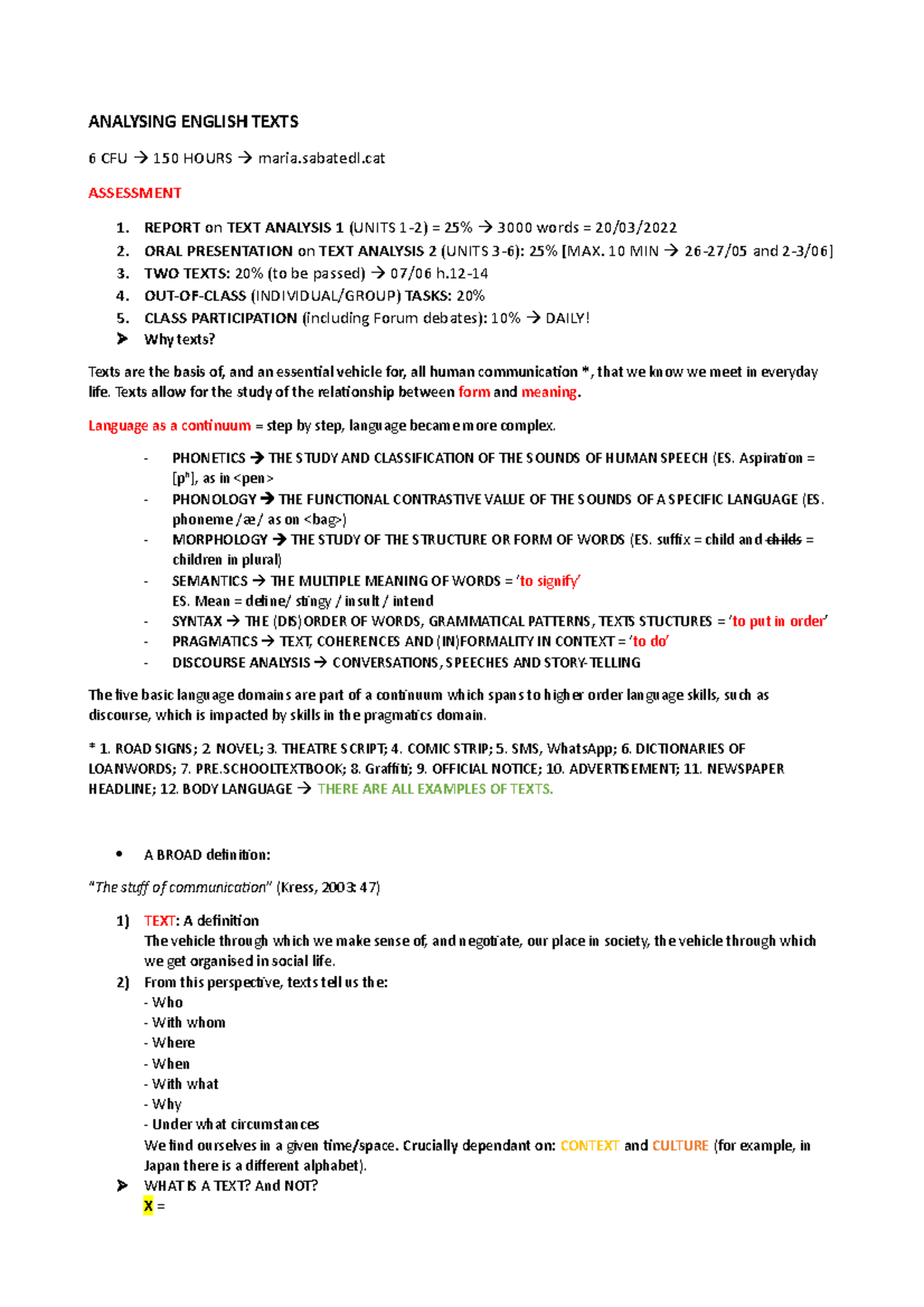 Analysing English Texts - ANALYSING ENGLISH TEXTS 6 CFU 150 HOURS maria ...