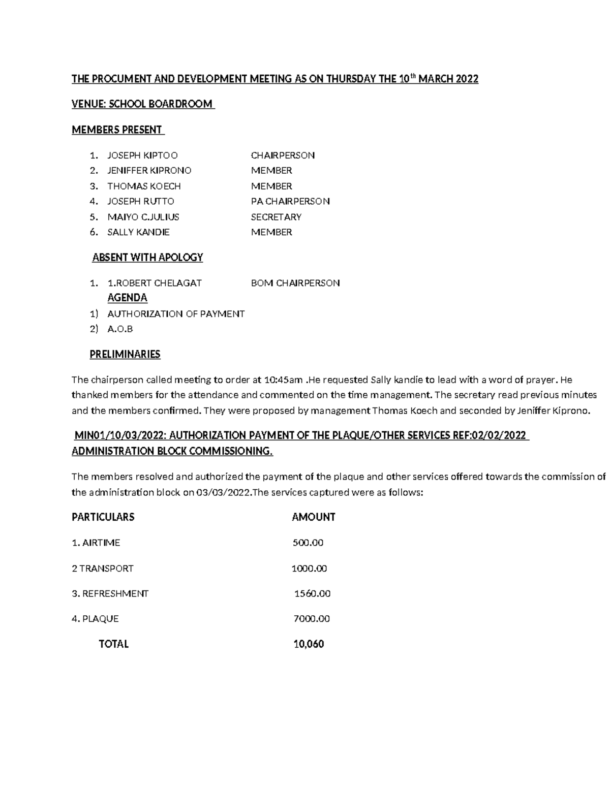 THE Procument AND Development Meeting AS ON Thursday THE 10th March ...