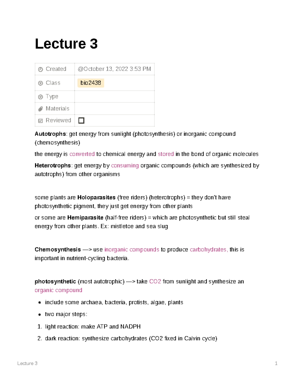 Lecture 3 - midterm revision - Lecture 3 1 Lecture 3 Created Class bio Type Materials Reviewed ...