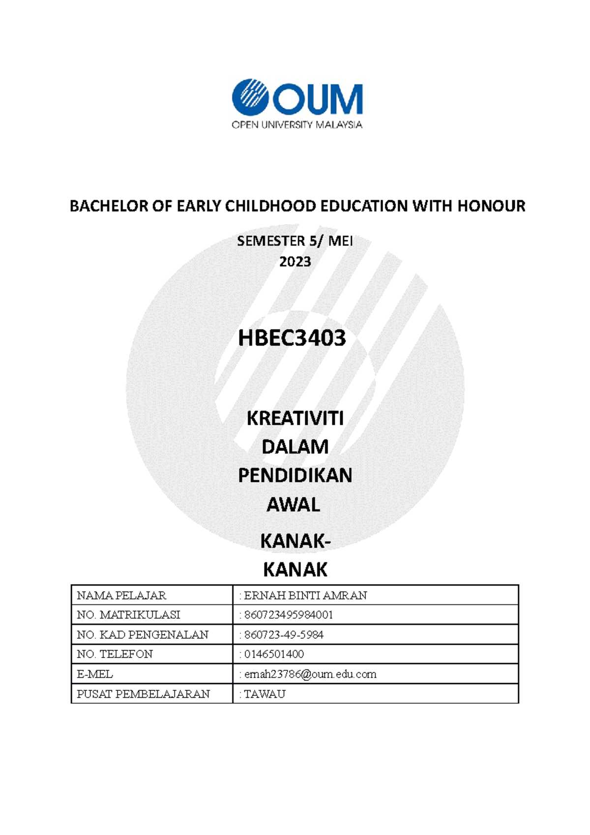 HBEC 3403 Kreativiti Dalam Pendidikan AWAL Kanak- Kanak ( Ernah Amran) - NAMA PELAJAR : ERNAH ...