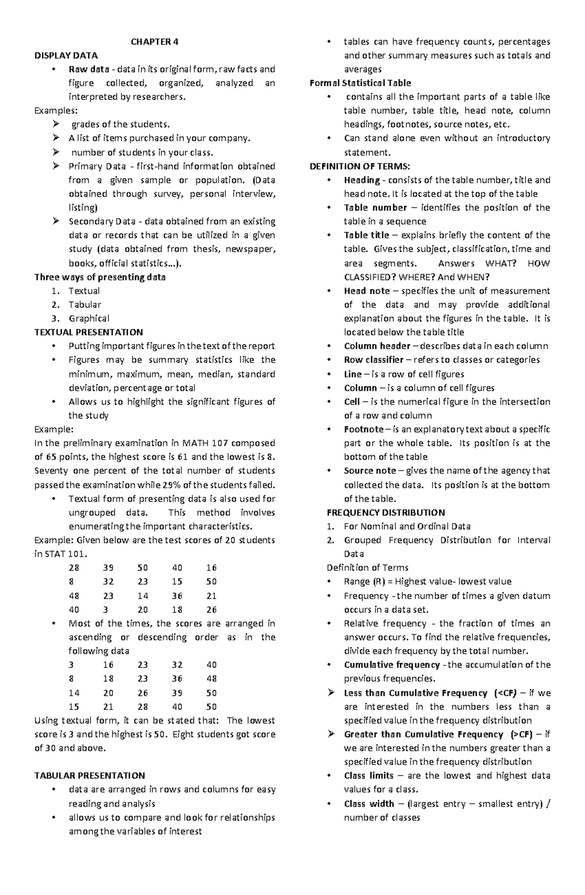 Chapter 4 6 reviewer STS - CHAPTER 4 DISPLAY DATA Raw data - data in ...