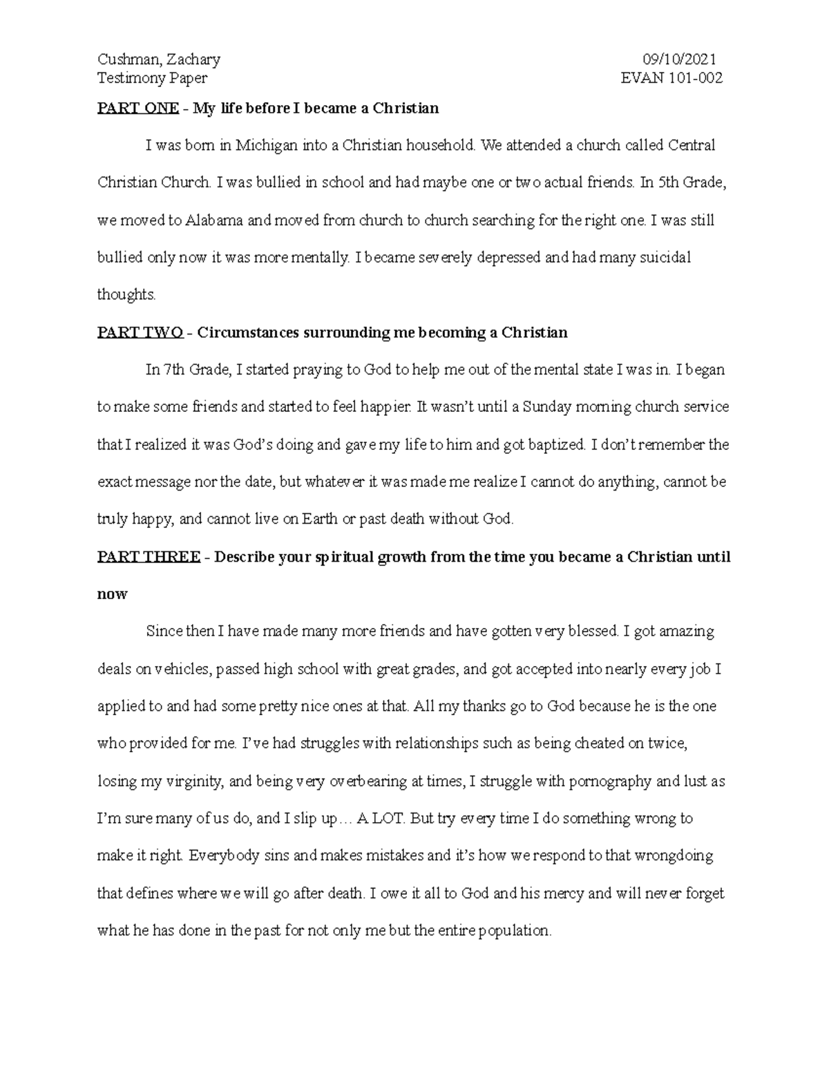 EVAN 101 Testimony Paper - Cushman, Zachary 09/10/ Testimony Paper EVAN ...