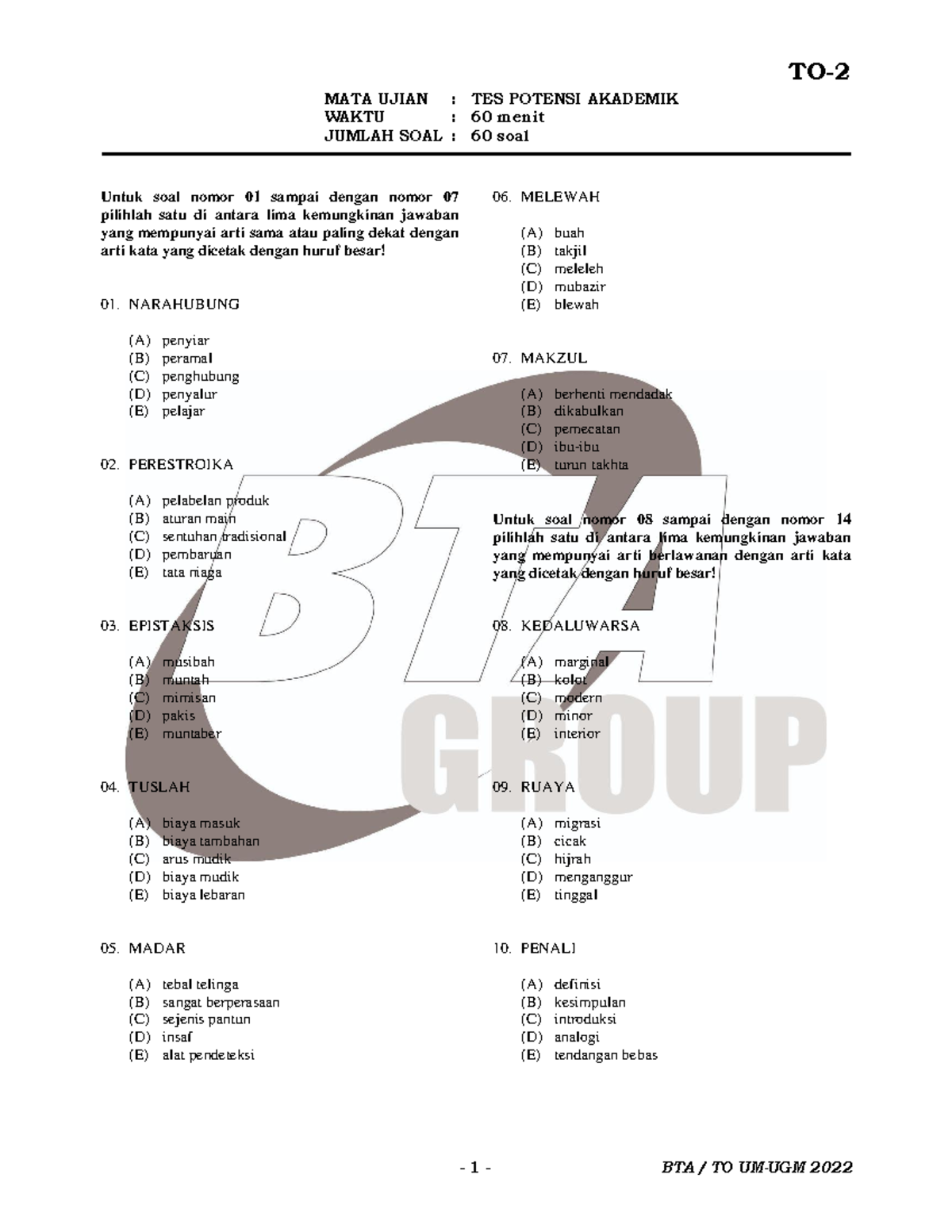 TO 2 TPA UTUL UGM 2022 - MATA UJIAN : TES POTENSI AKADEMIK WAKTU : 60 ...