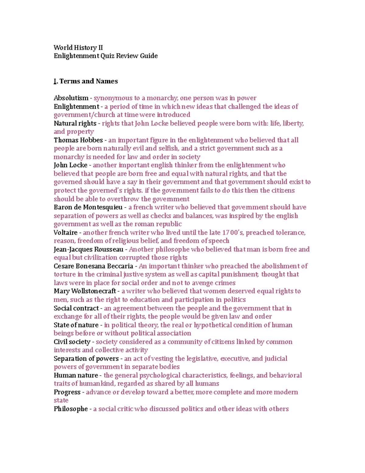 Enlightenment Study Guide - World History II Enlightenment Quiz Review ...