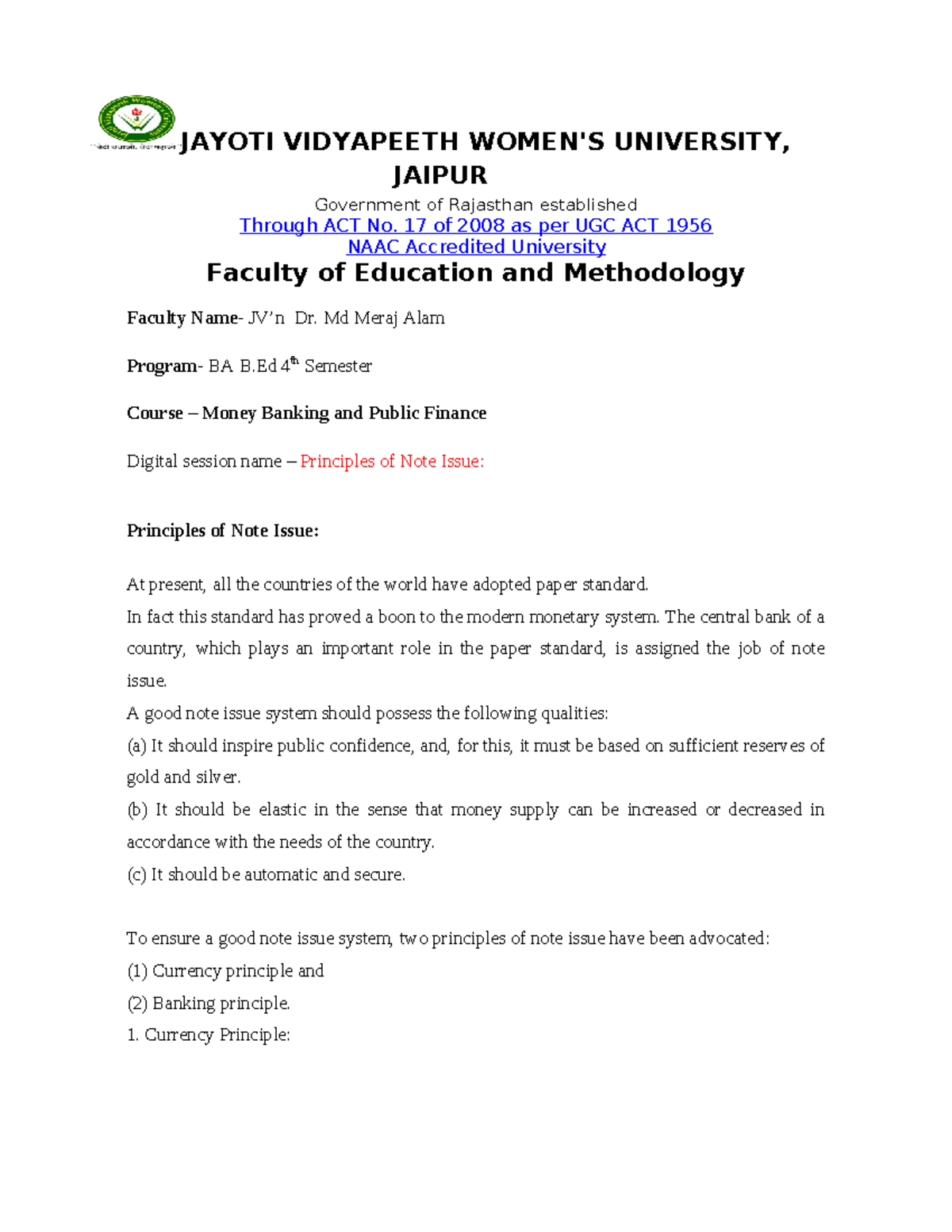 Principles Of Note Issue Jayoti Vidyapeeth Womens University Jaipur Government Of Rajasthan 