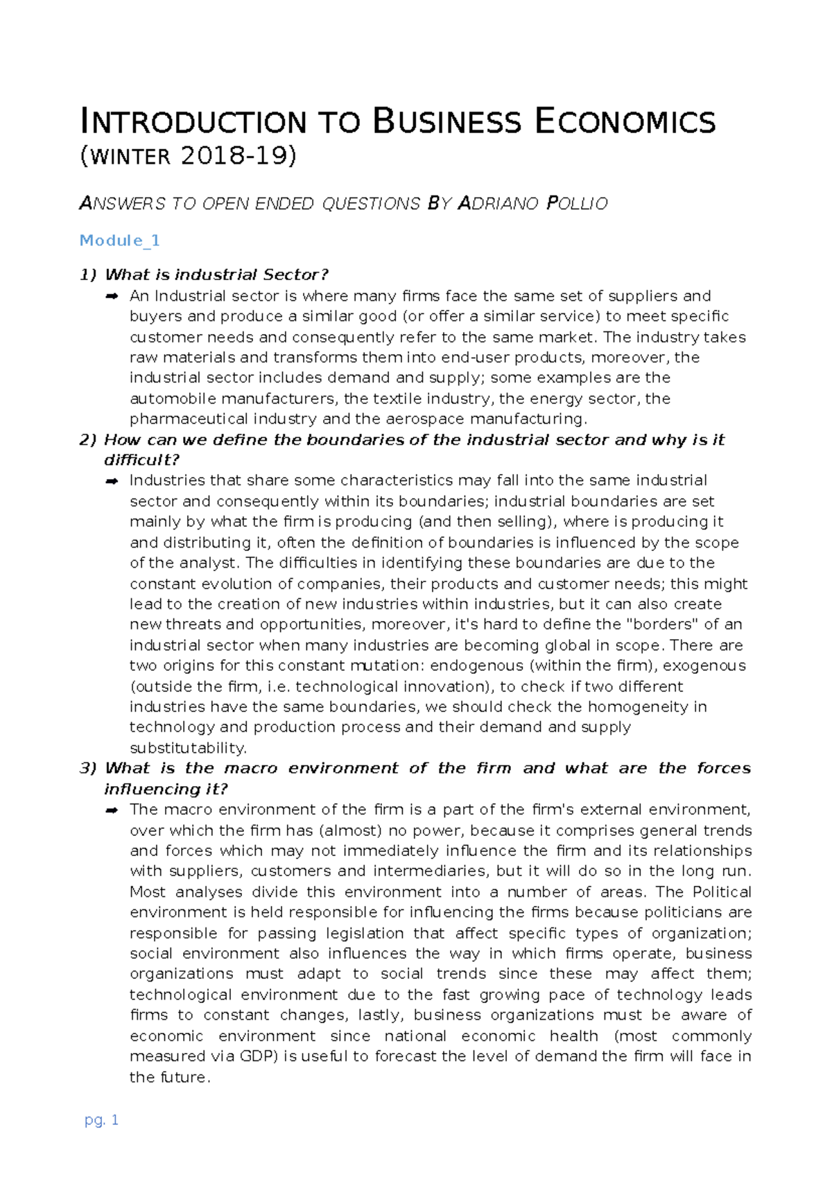 Introduction to Business Economics Answer Sheet - Dott.ssa Ceci ...