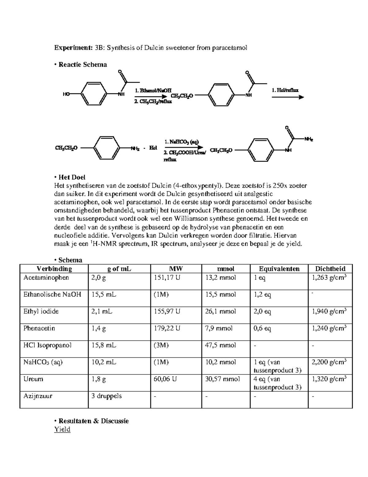 Practicum - meetrapport 3 t/m 6 - Experiment: 3B: Synthesis of Dulcin ...