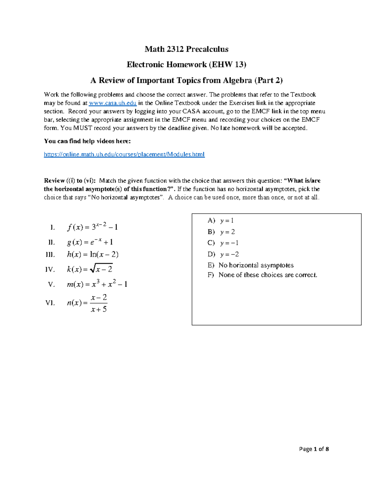 2312 ehw13 sp - Math 2312 Precalculus Electronic Homework (EHW 13) A ...