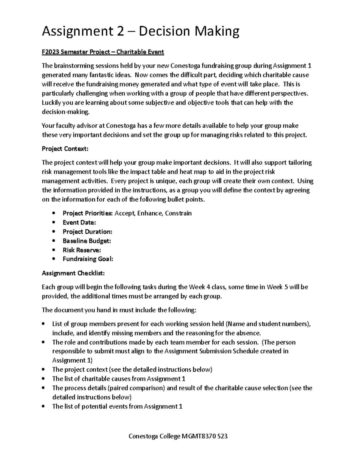 Assignment 2 Case Study and Instructions MGMT8370 - Assignment 2 – Decision Making F2023 ...