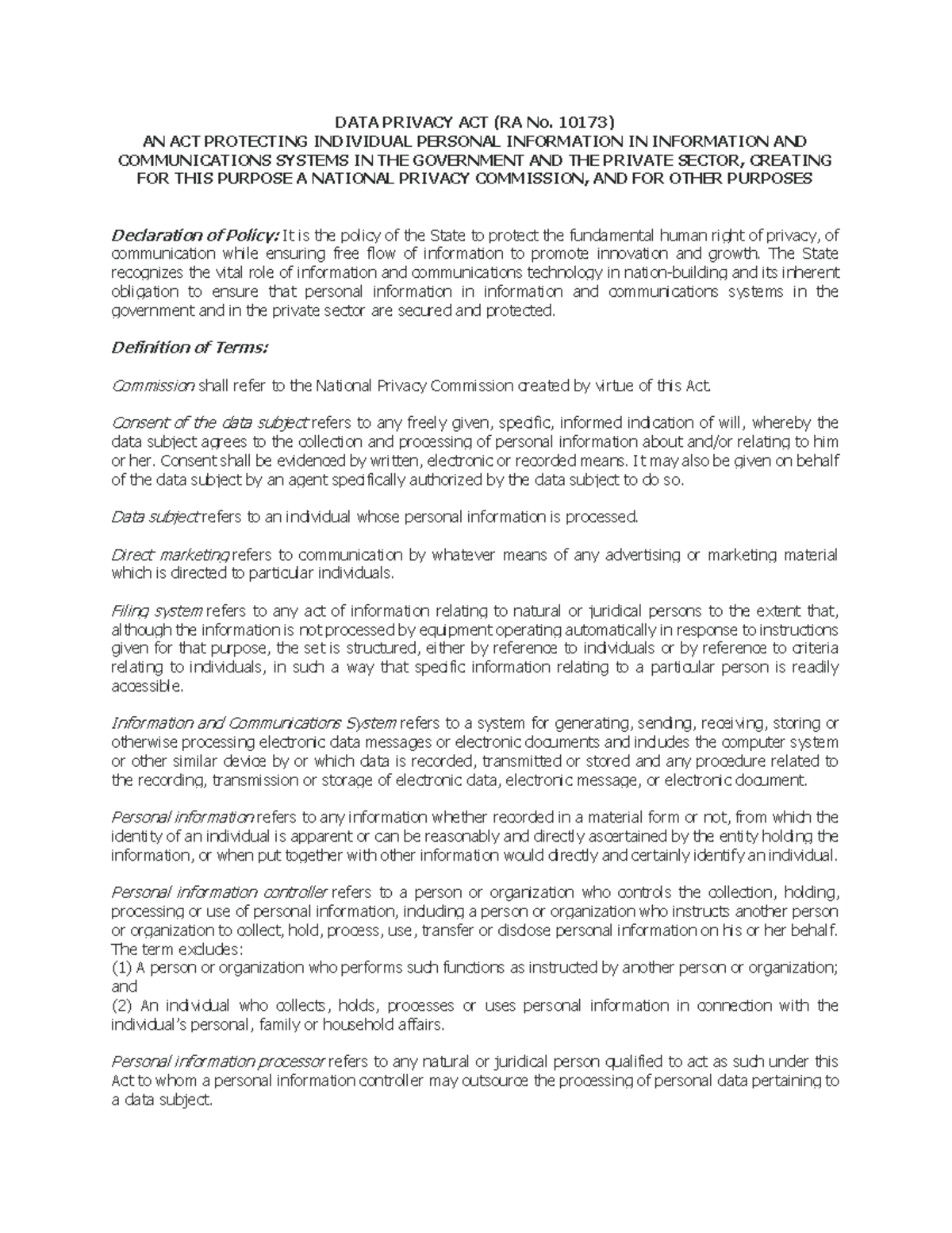 13Accounting Lecture Notes - DATA PRIVACY ACT (RA No. 10173) AN ACT ...