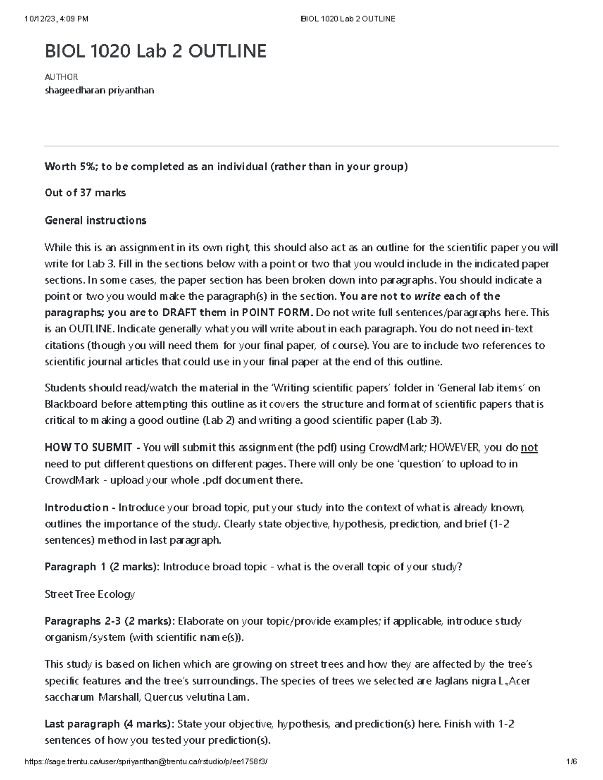 BIOL 1020 Lab 2 Outline - Worth 5%; to be completed as an individual ...