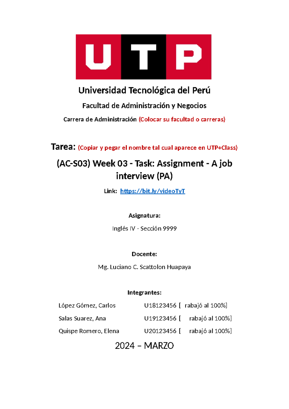 Carátula UTP modelo Ttirym - Universidad Tecnológica del Perú Facultad ...
