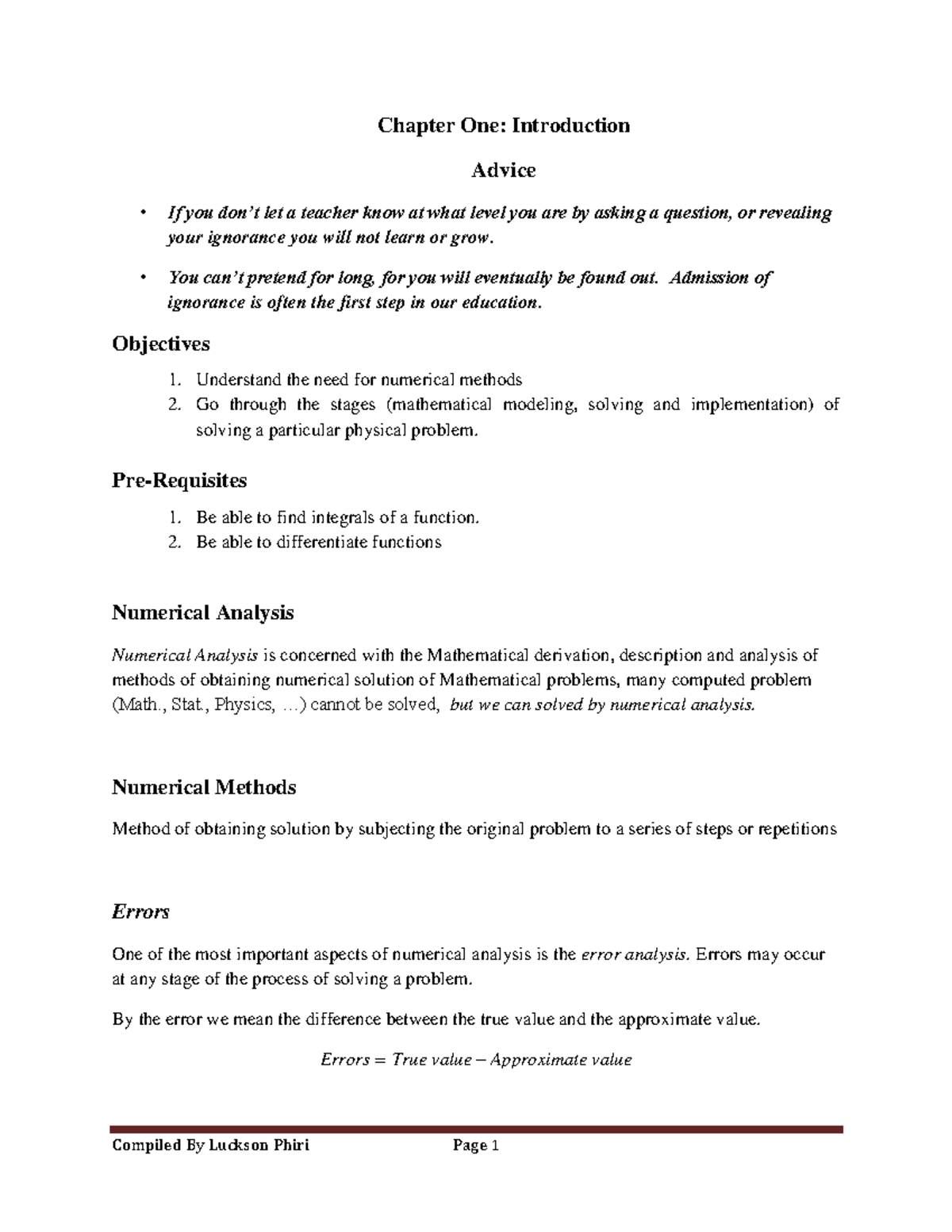 Chapter 1 Numerical - Chapter One: Introduction Advice If you don’t let ...