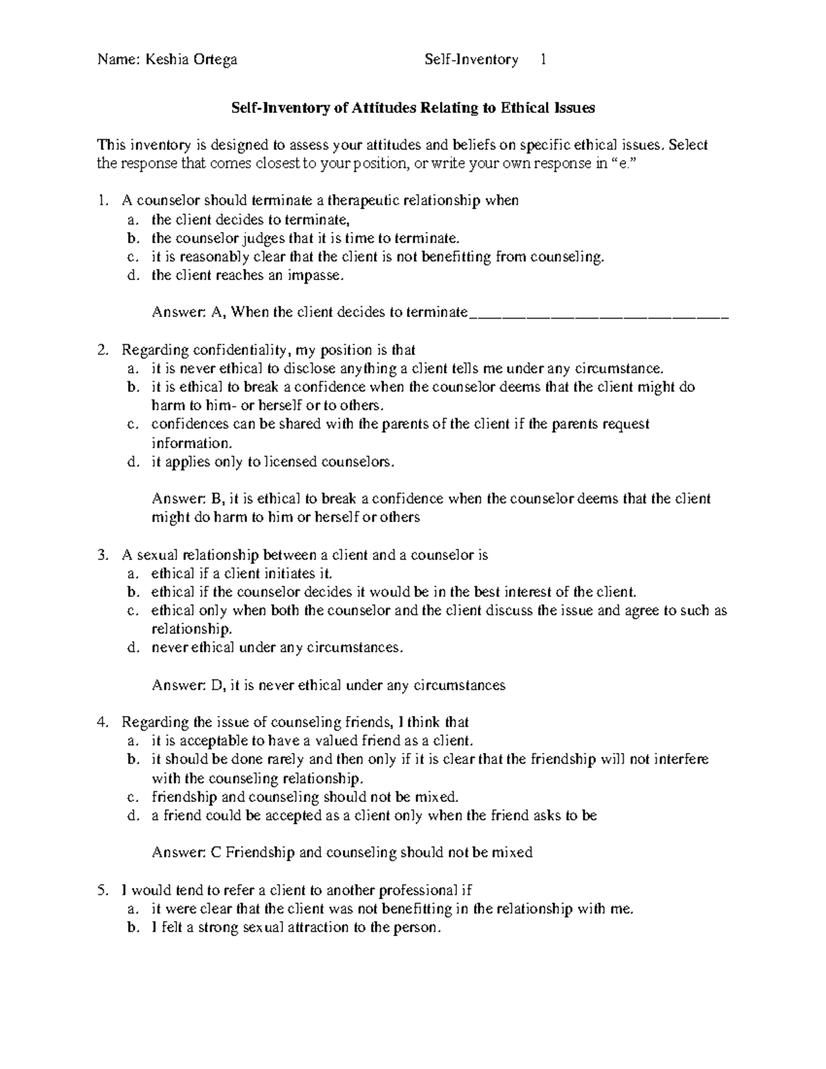 Self inventory human services - Name: Keshia Ortega Self-Inventory 1 ...