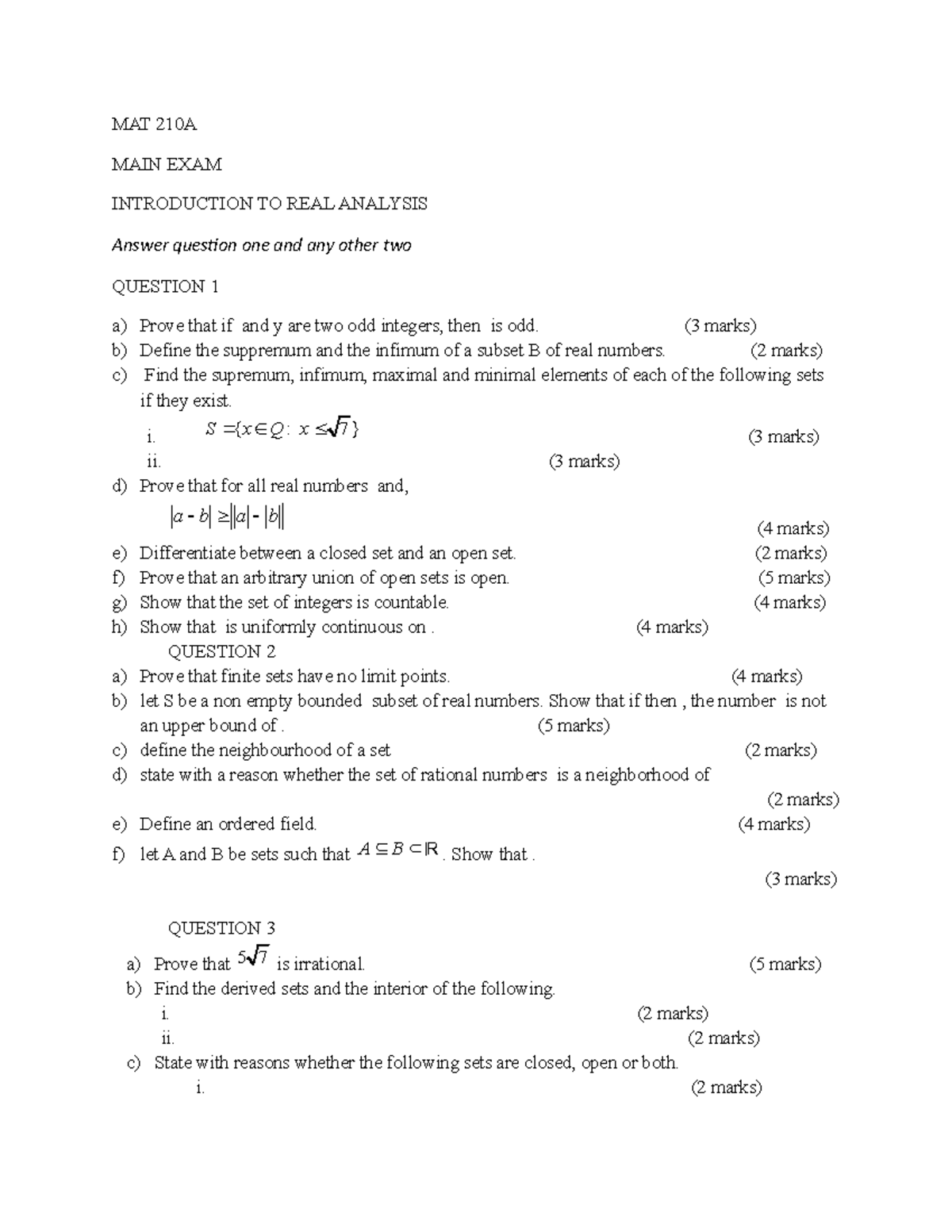 EXAM 3 - Introduction to Real Analysis practice questions - MAT 210A ...
