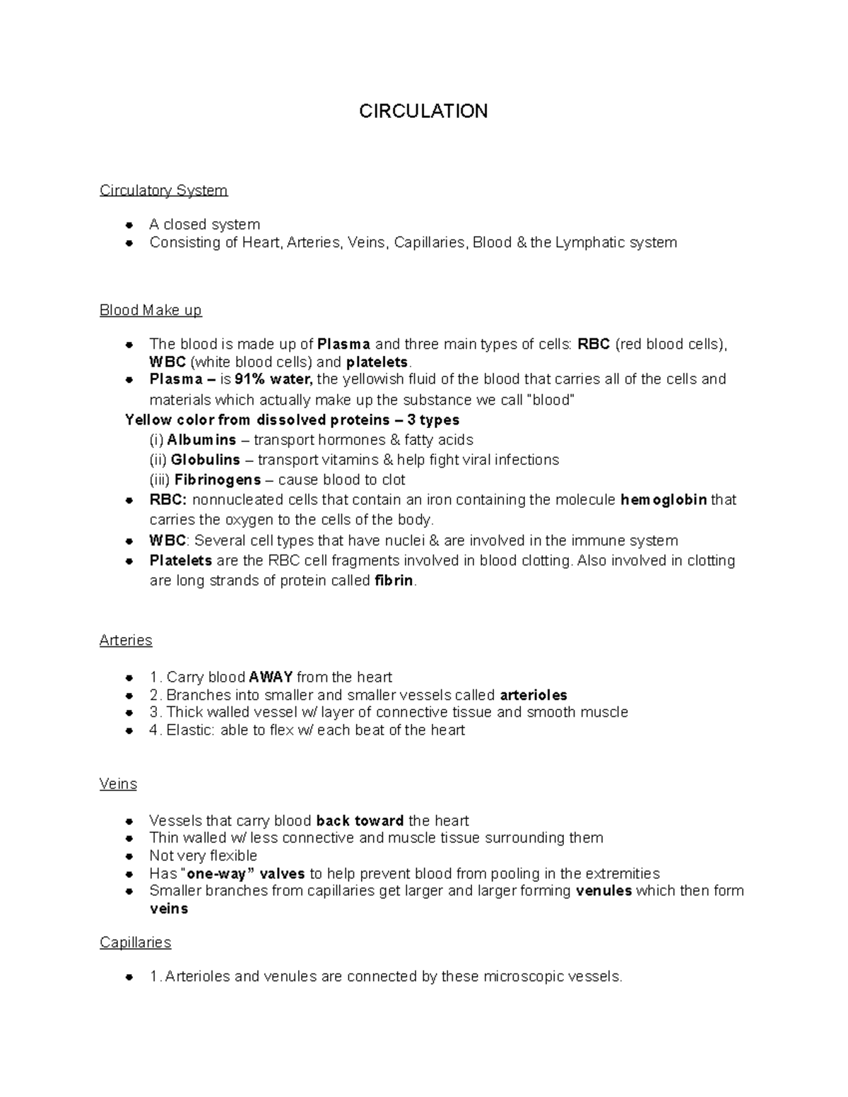 Life Science Notes 16 Circulation - CIRCULATION Circulatory System A ...