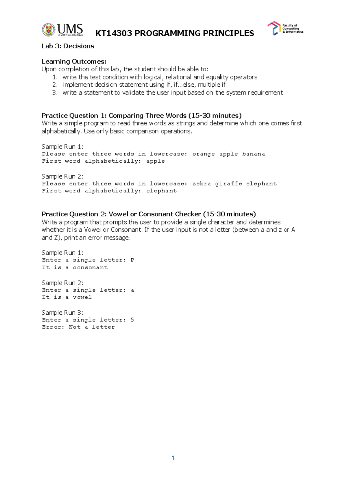 Lab Sheet 3 - Lab work - KT14303 PROGRAMMING PRINCIPLES 1 Lab 3 ...