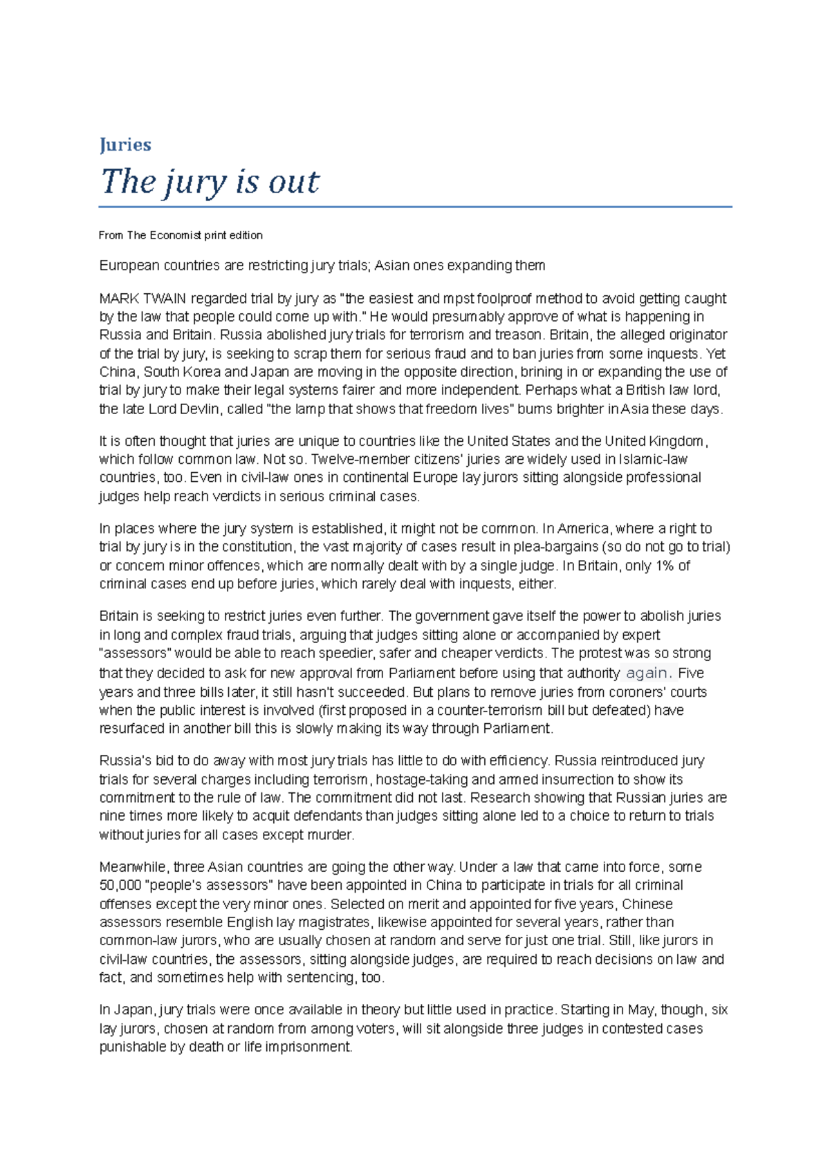 The jury is out - tekst - Juries The jury is out From The Economist ...