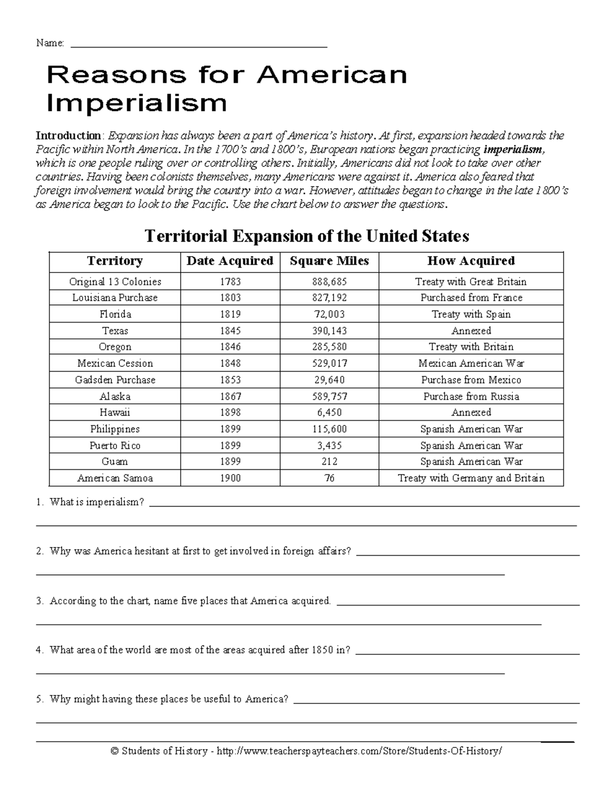 07 - Imperialism Primary Sources Students Copy - Name: Reasons for ...