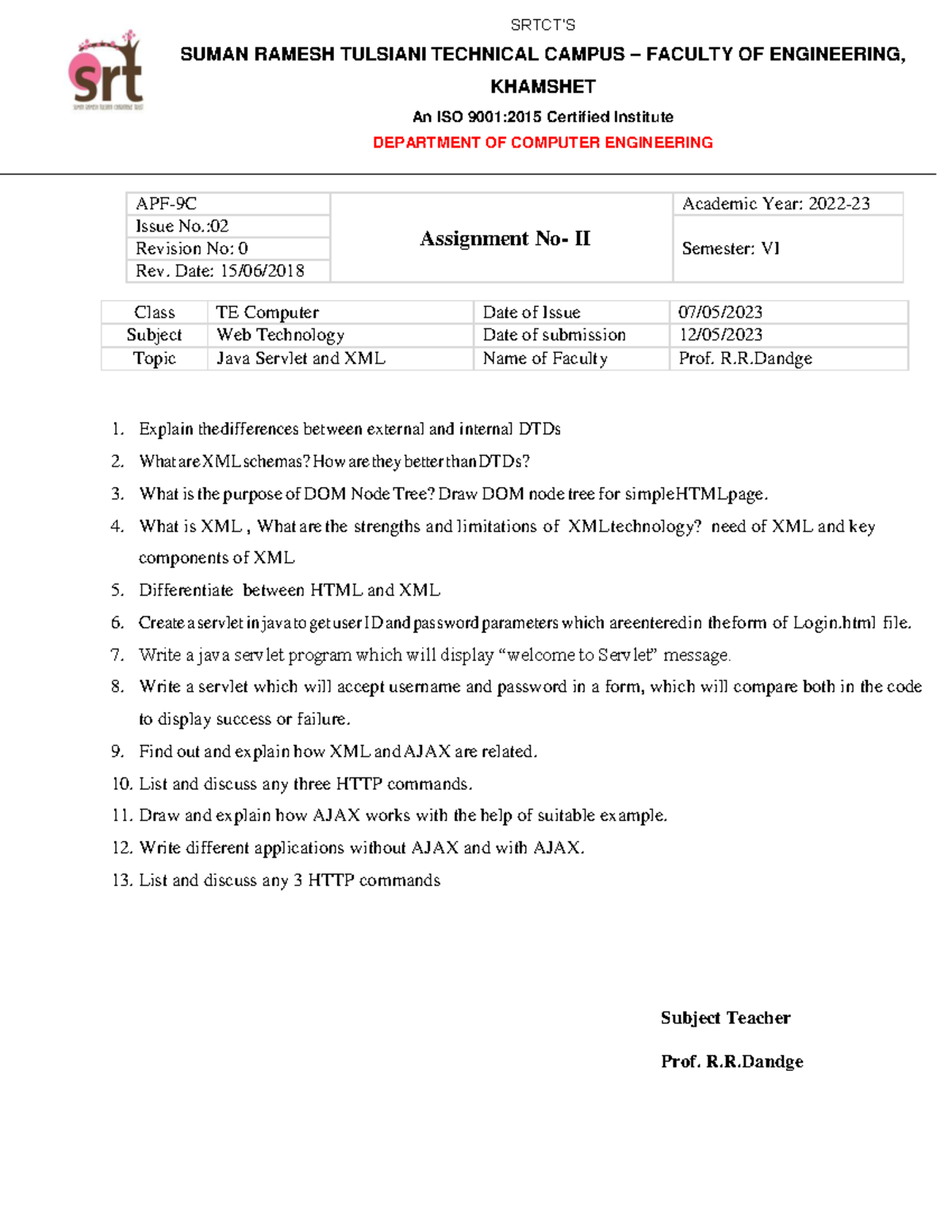 Assignment No 2 Wt Srtcts Suman Ramesh Tulsiani Technical Campus Faculty Of Engineering 9669