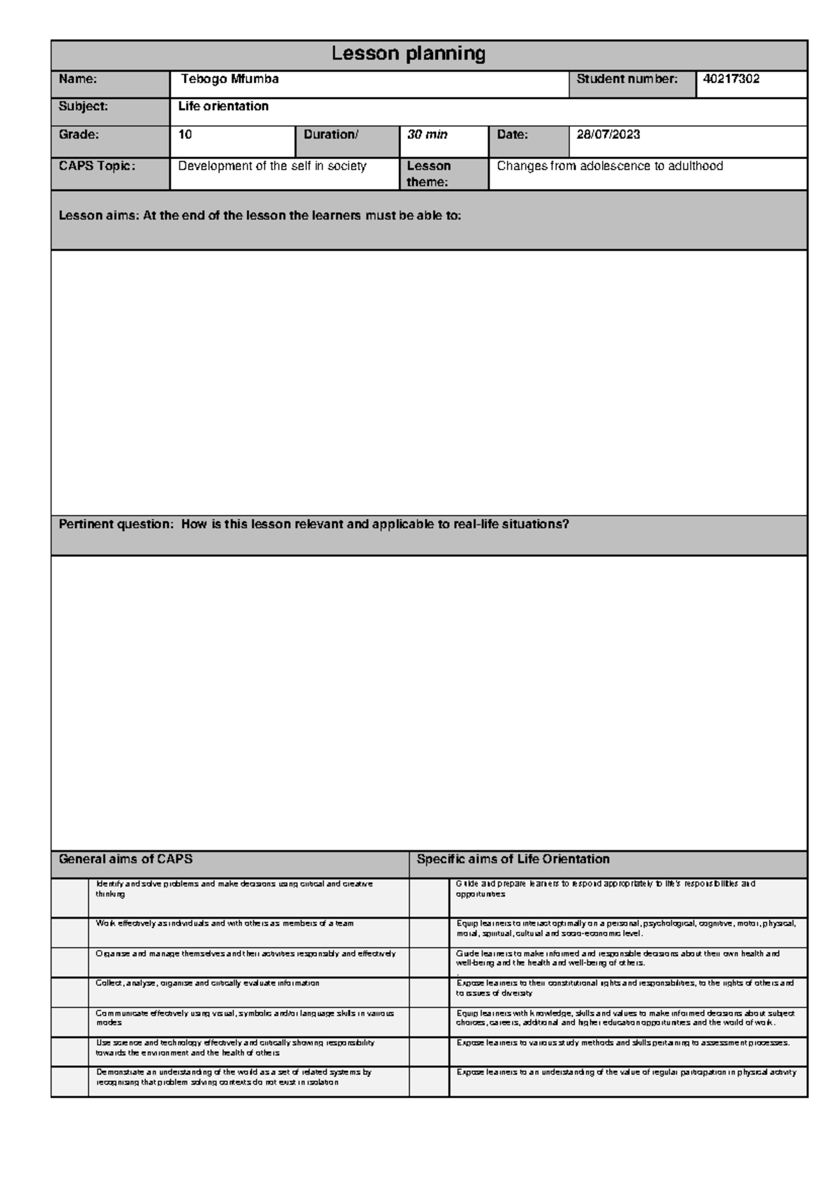 Lesplan+LO+Lesson+plan+LO - Lesson planning Name: Tebogo Mfumba Student ...