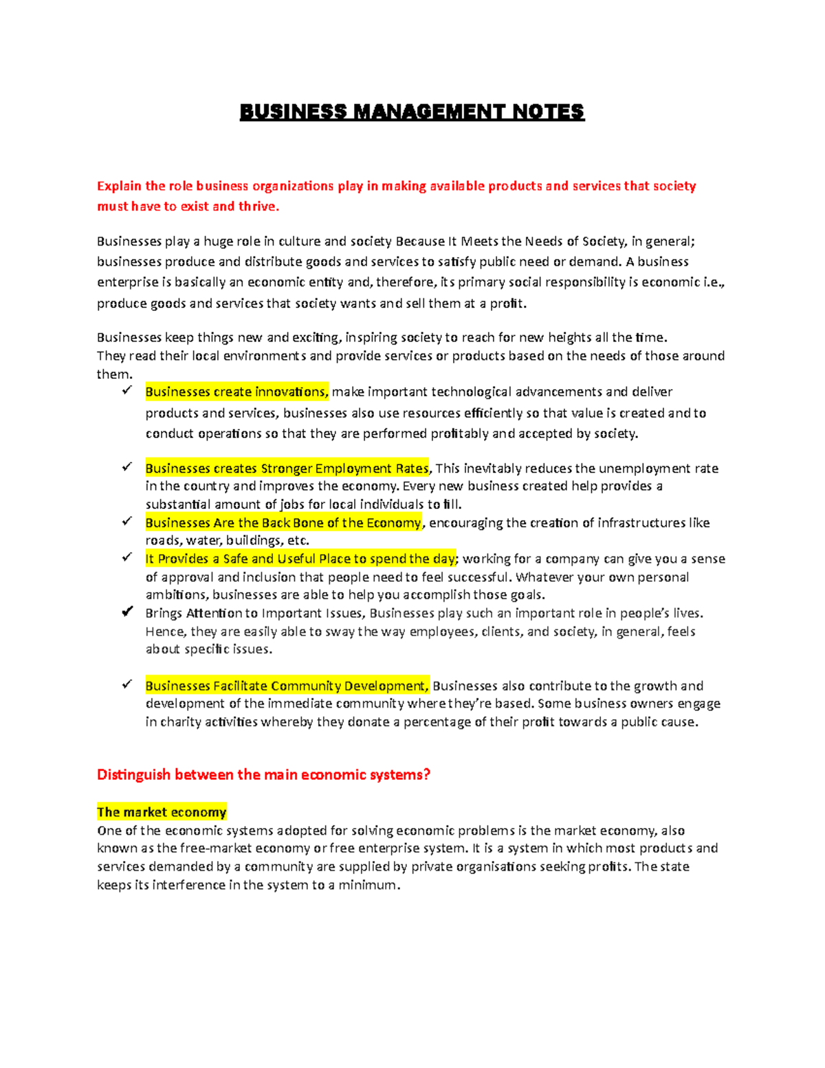 Business Management Notes - BUSINESS MANAGEMENT NOTES Explain the role ...