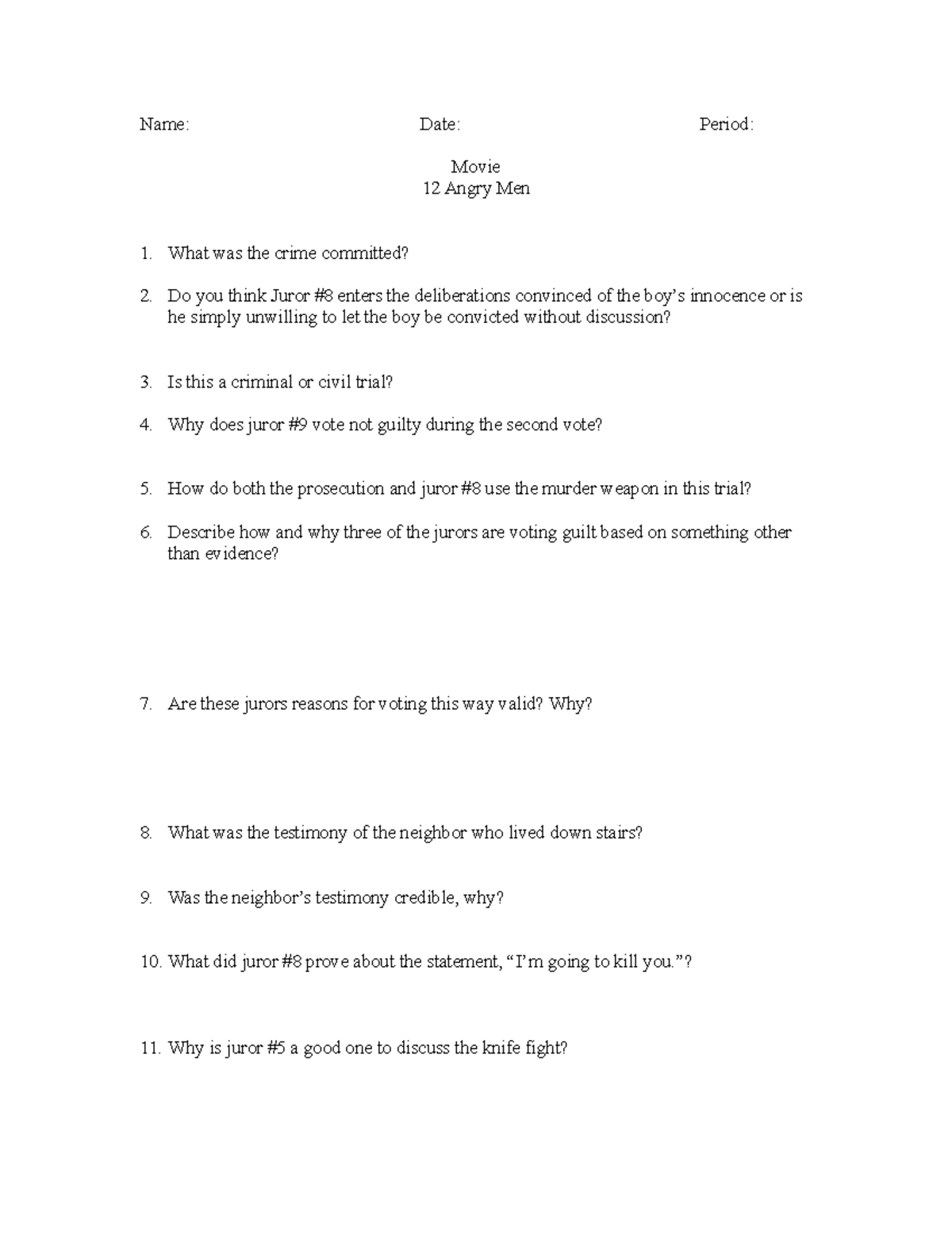 12Angry Men Video Lesson-1 - Name: Date: Period: Movie 12 Angry Men ...