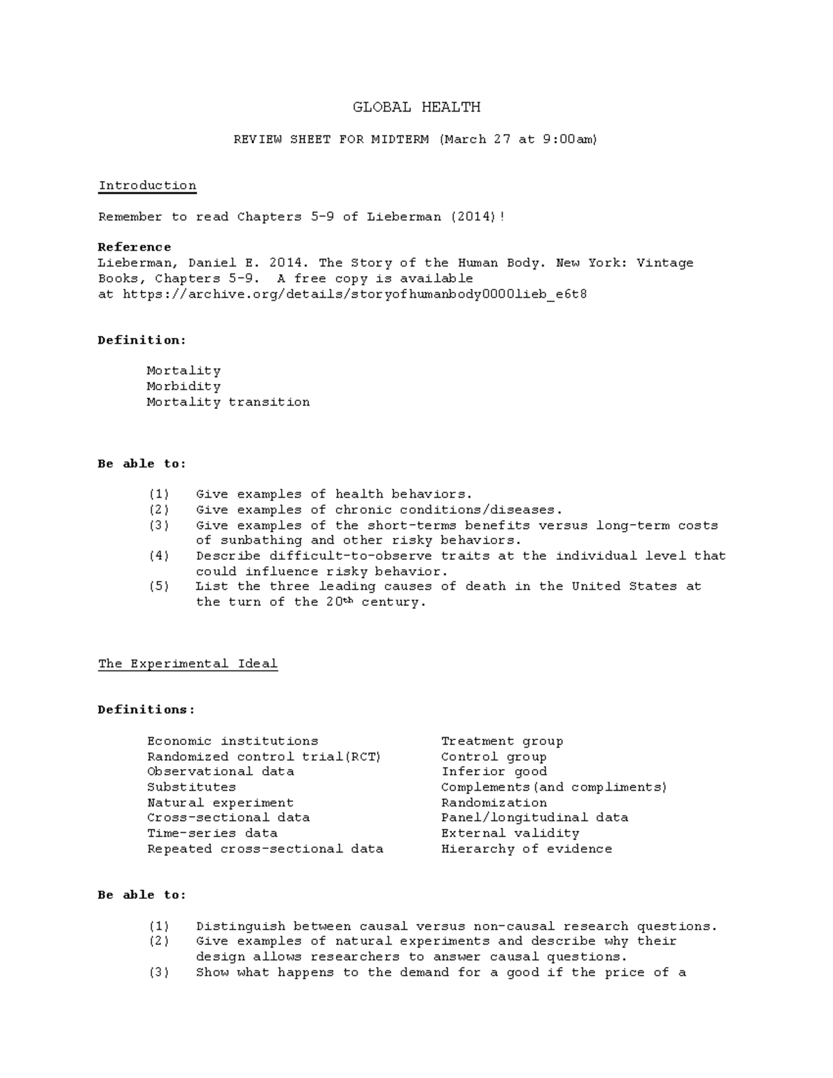 Review sheet for midterm - GLOBAL HEALTH REVIEW SHEET FOR MIDTERM ...