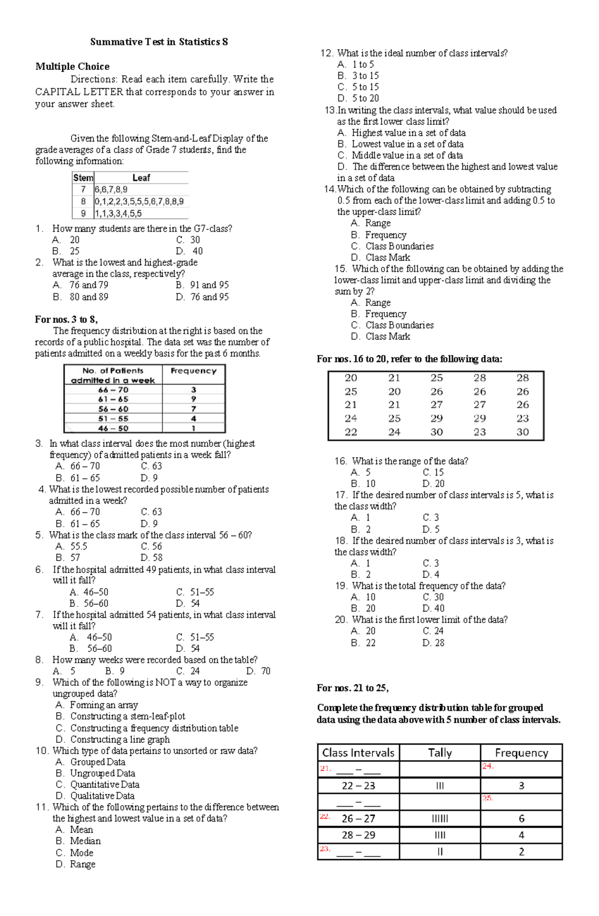 Summative Test Reviewer In Statistics - Summative Test in Statistics 8 ...