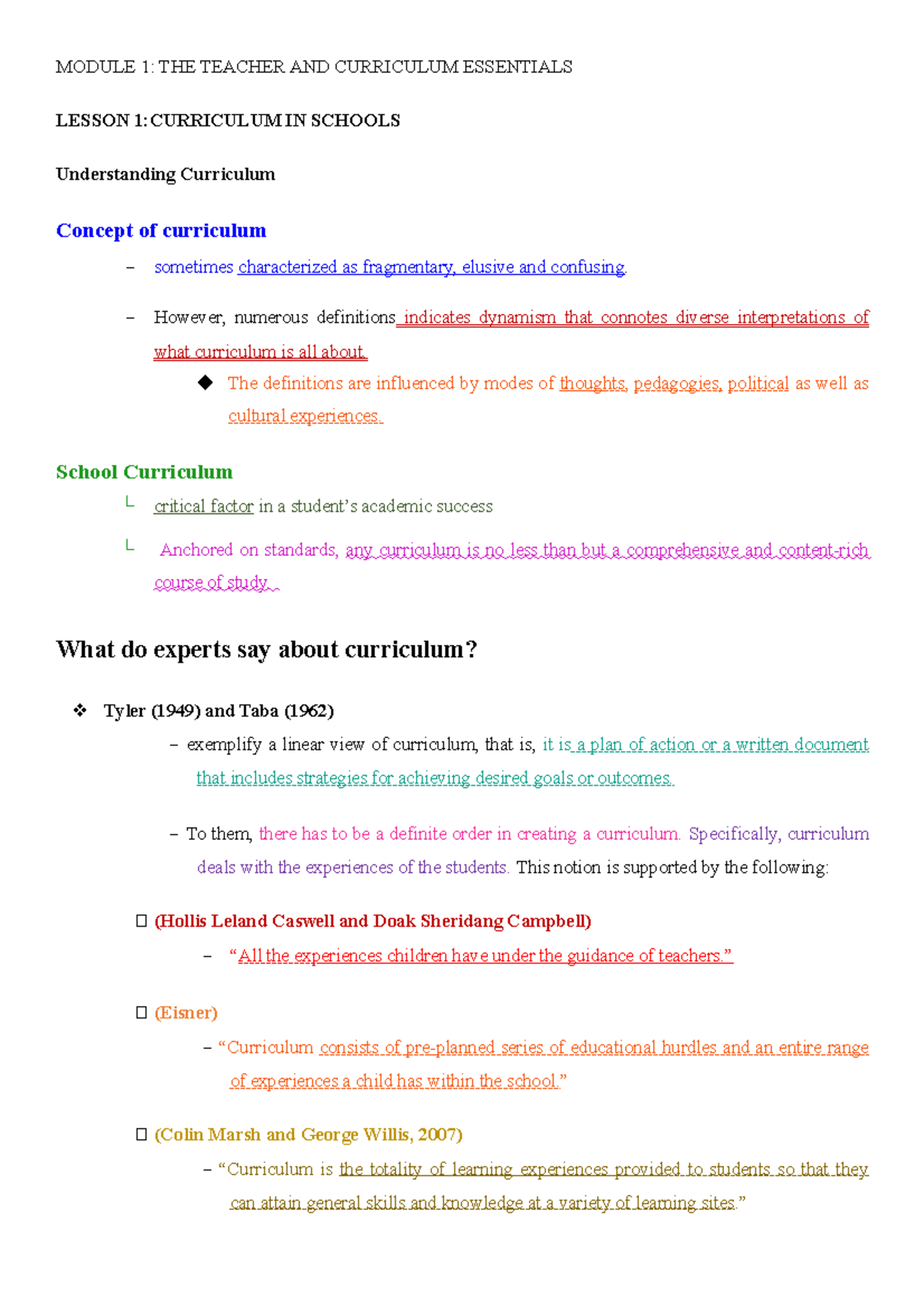 ED 319 Notes - The Teacher and the School Curriculum - MODULE 1: THE ...