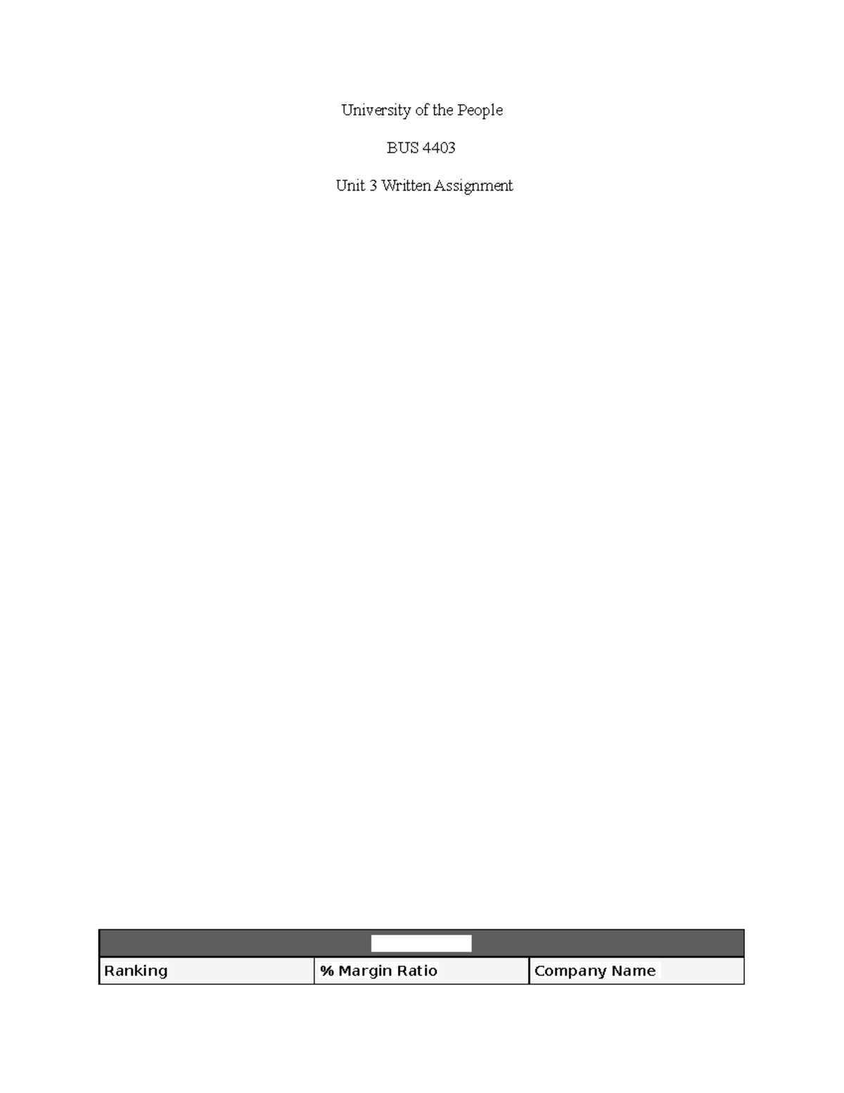 BUS 4403 U3WA - Unit 3 Written Assignment - University of the People BUS 4403 Unit 3 Written ...