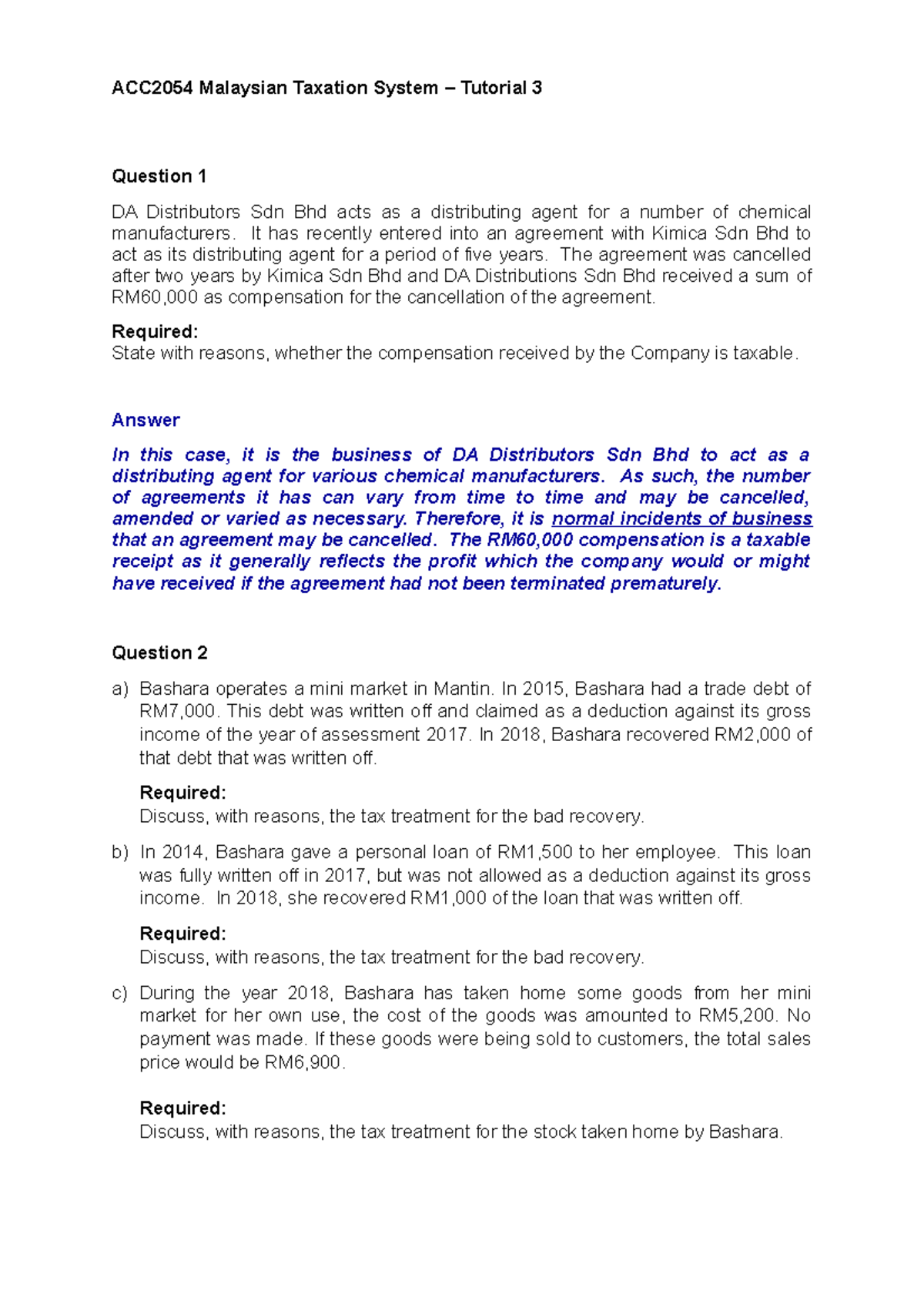 ACC2054 MTS Tutorial 3 A - ACC2054 Malaysian Taxation System – Tutorial ...