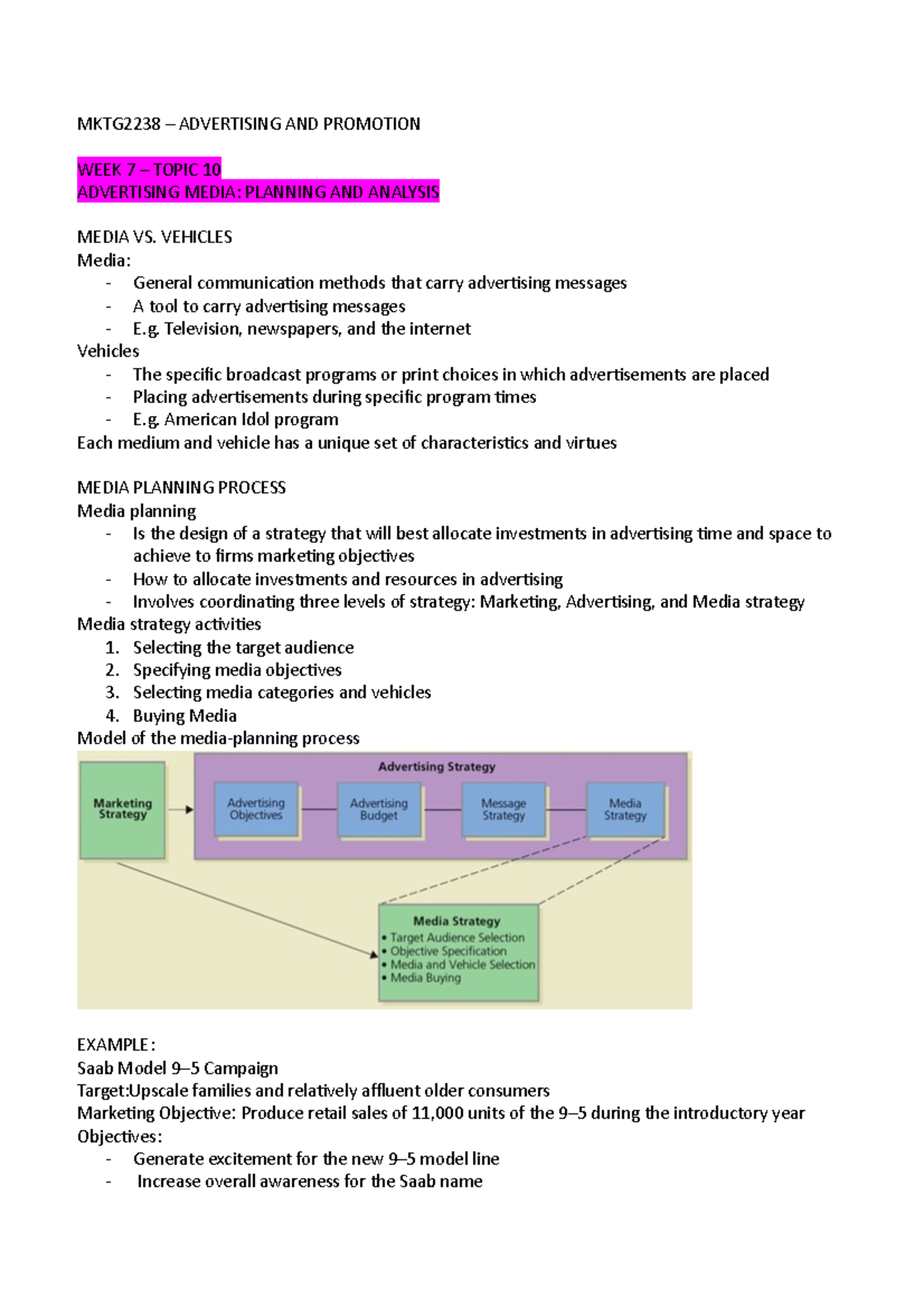 Lecture notes, lecture 7 - MKTG2238 ADVERTISING AND PROMOTION WEEK 7 ...