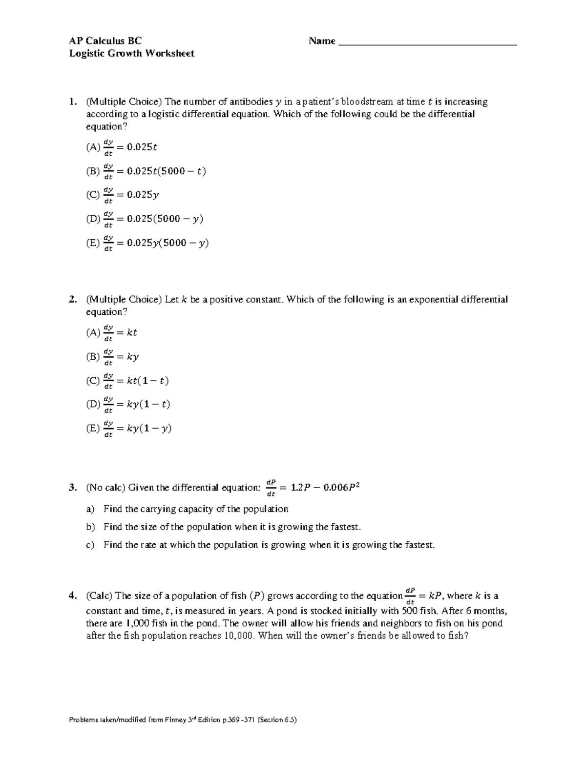 Logistic Growth Worksheet 2020 - Problems taken/modified from Finney ...