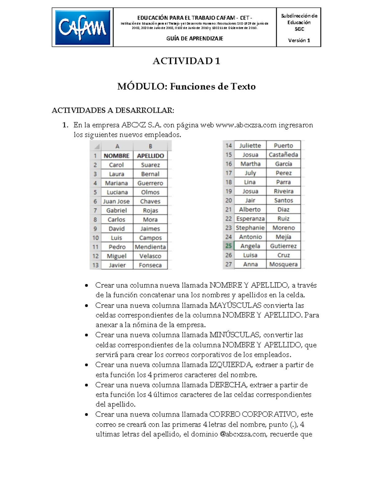 Actividad Modulo 7 Excel - EDUCACIÓN PARA EL TRABAJO CAFAM - CET ...