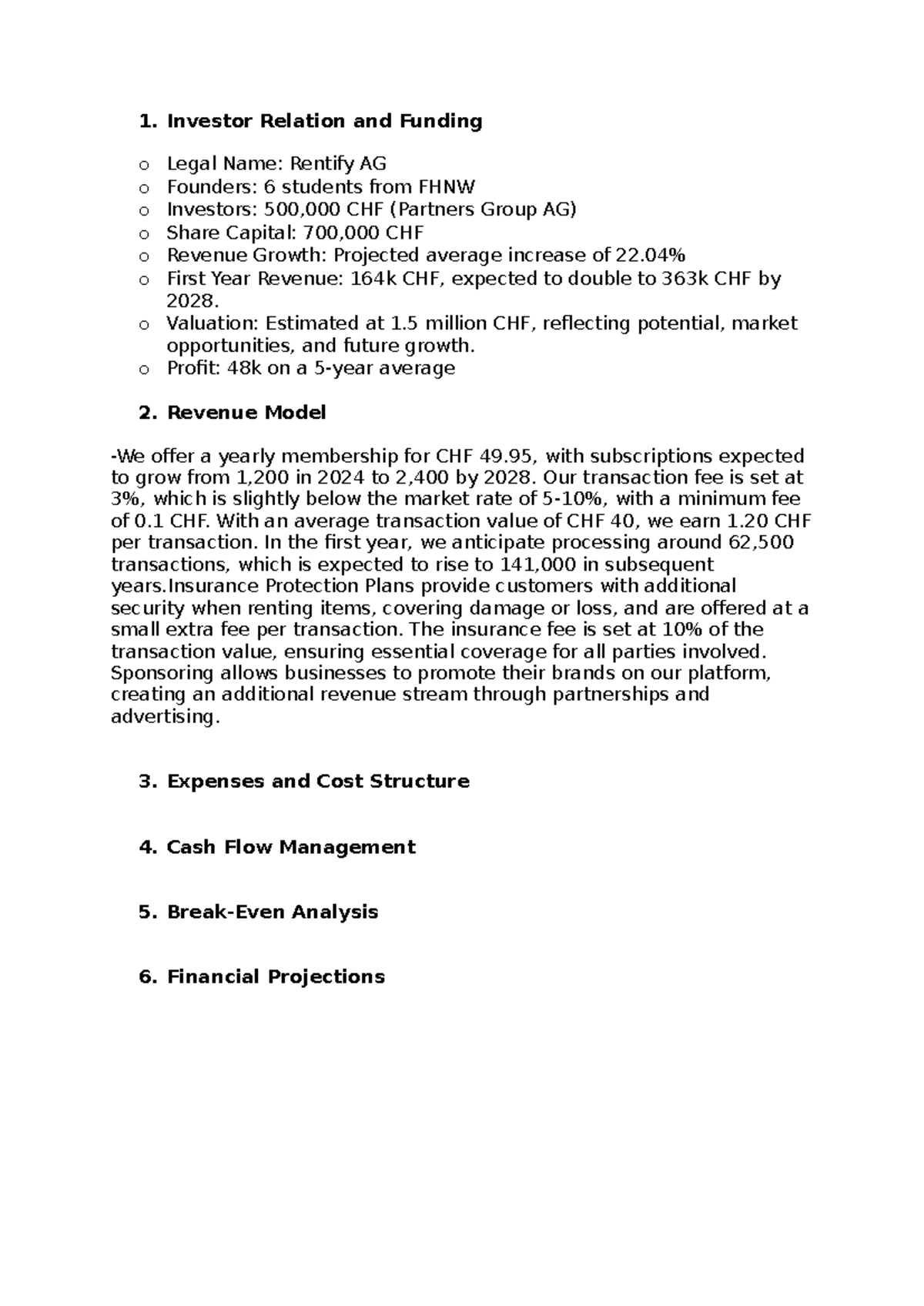 Financial Handout - Investor Relation and Funding o Legal Name: Rentify ...
