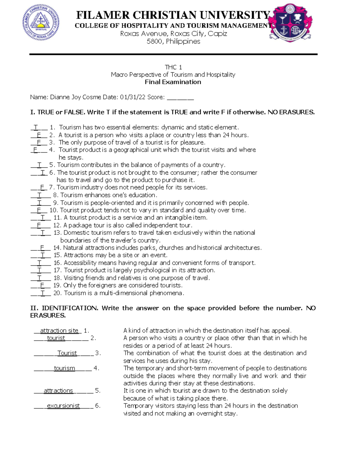 THC 1 Final Exam(Cosme) - COLLEGE OF HOSPITALITY AND TOURISM MANAGEMENT ...